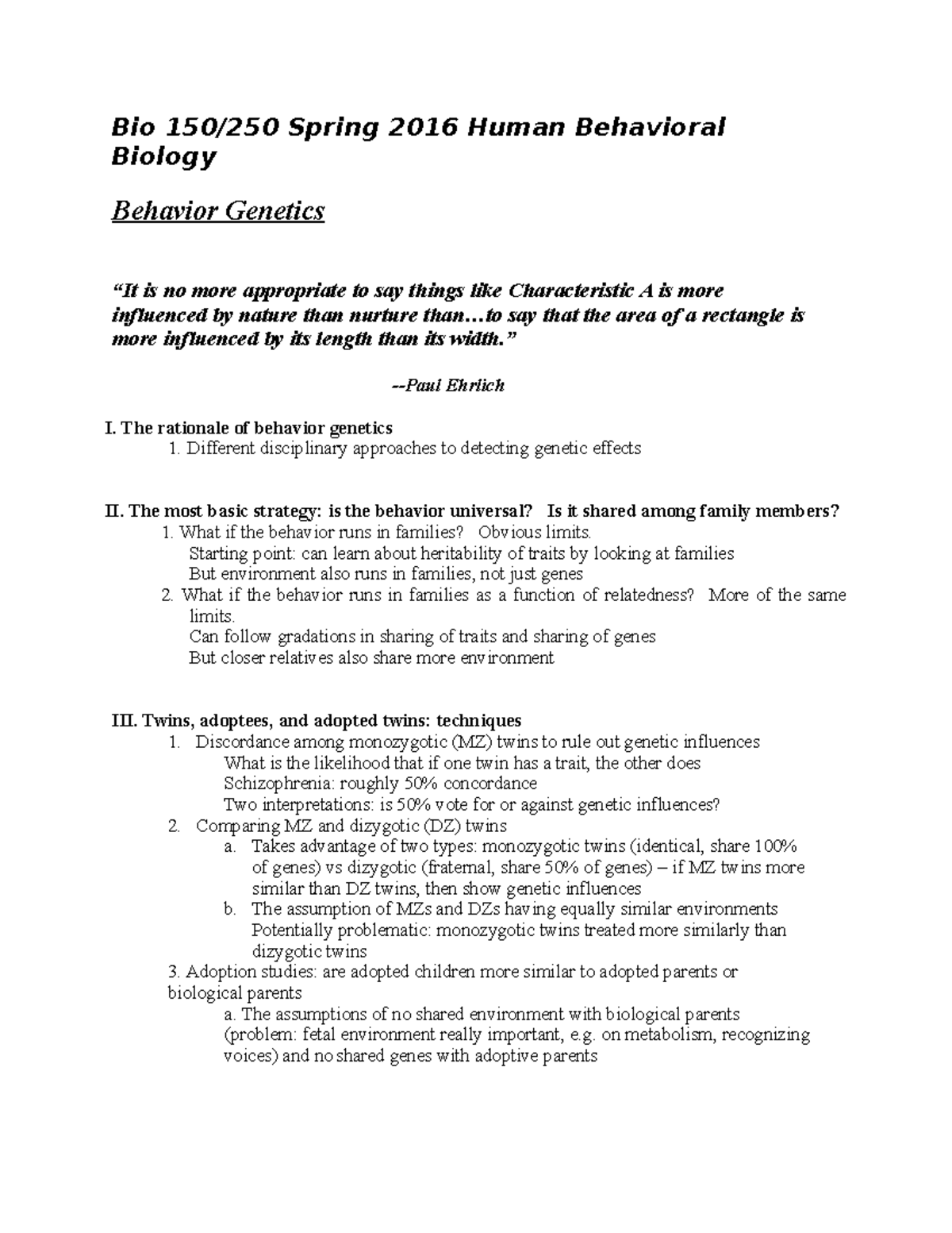 2.5, 3.1 - Behavior Genetics - Bio 150/250 Spring 2016 Human Behavioral ...
