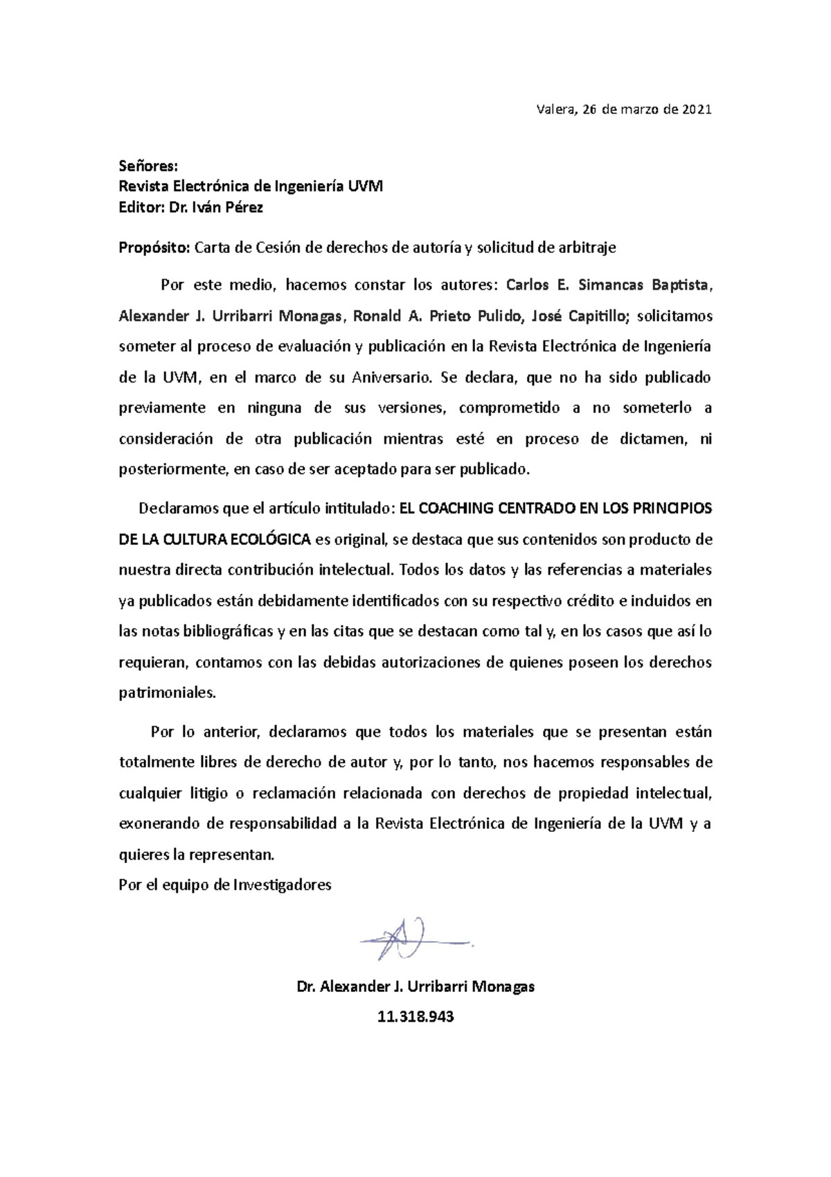 Carta de Declaración y Cesión de derechos - Valera, 26 de marzo de 2021 ...