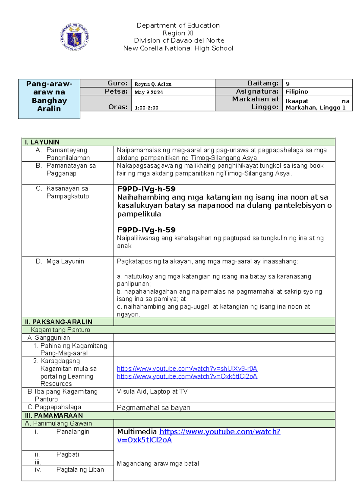 MY CO4 2023-2024 - LESSON PLAN FILIPINO 9 subject - Department of ...