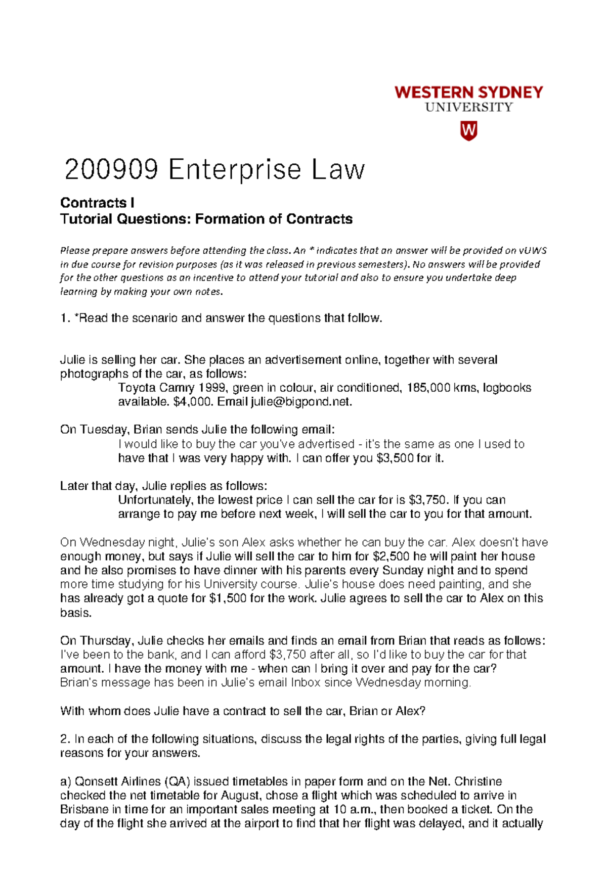 Contract Law I Tutorial Questions - Warning: TT: undefined function: 3 200909 Enterprise Law ...