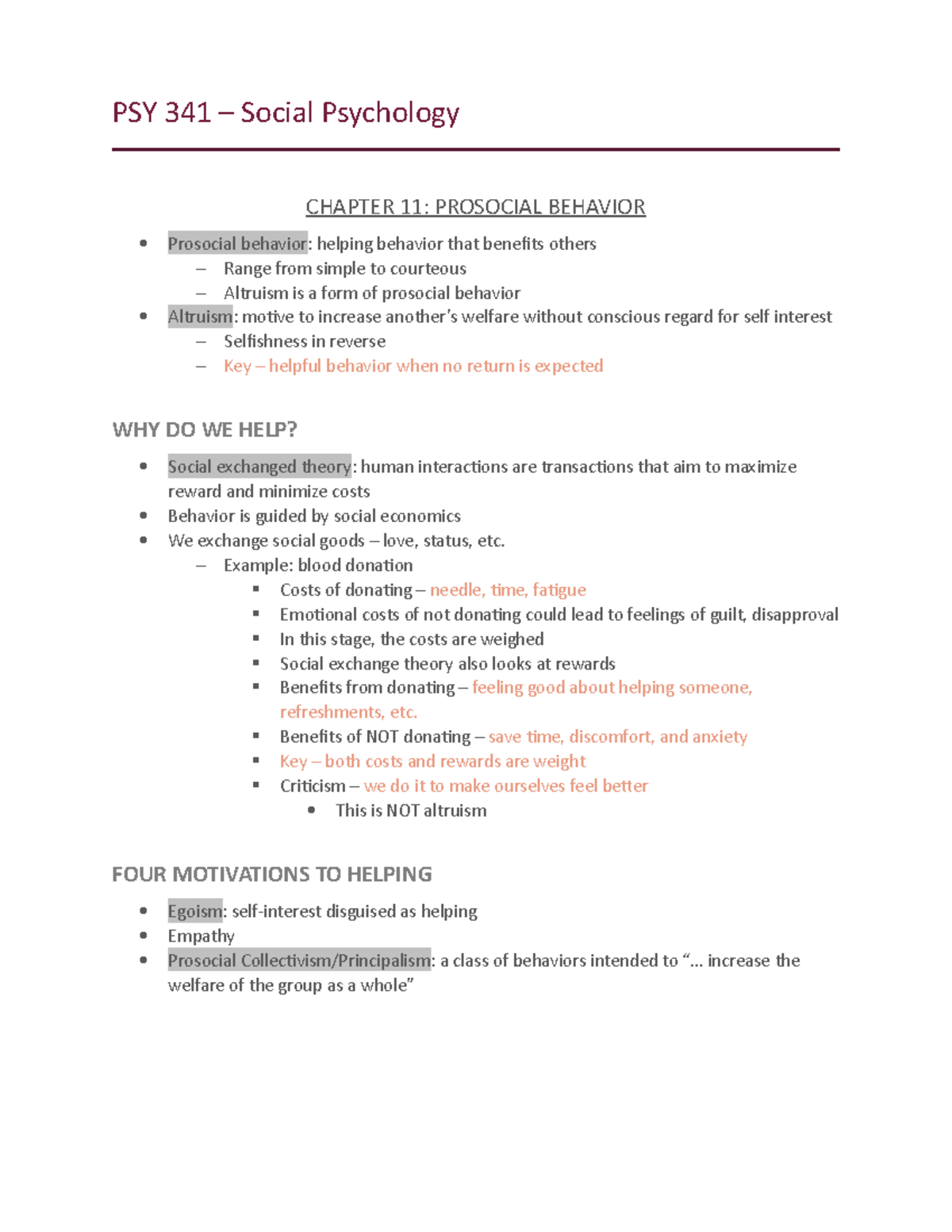 Chapter 11: Prosocial Behavior - PSY 341 – Social Psychology CHAPTER 11: PROSOCIAL BEHAVIOR ...