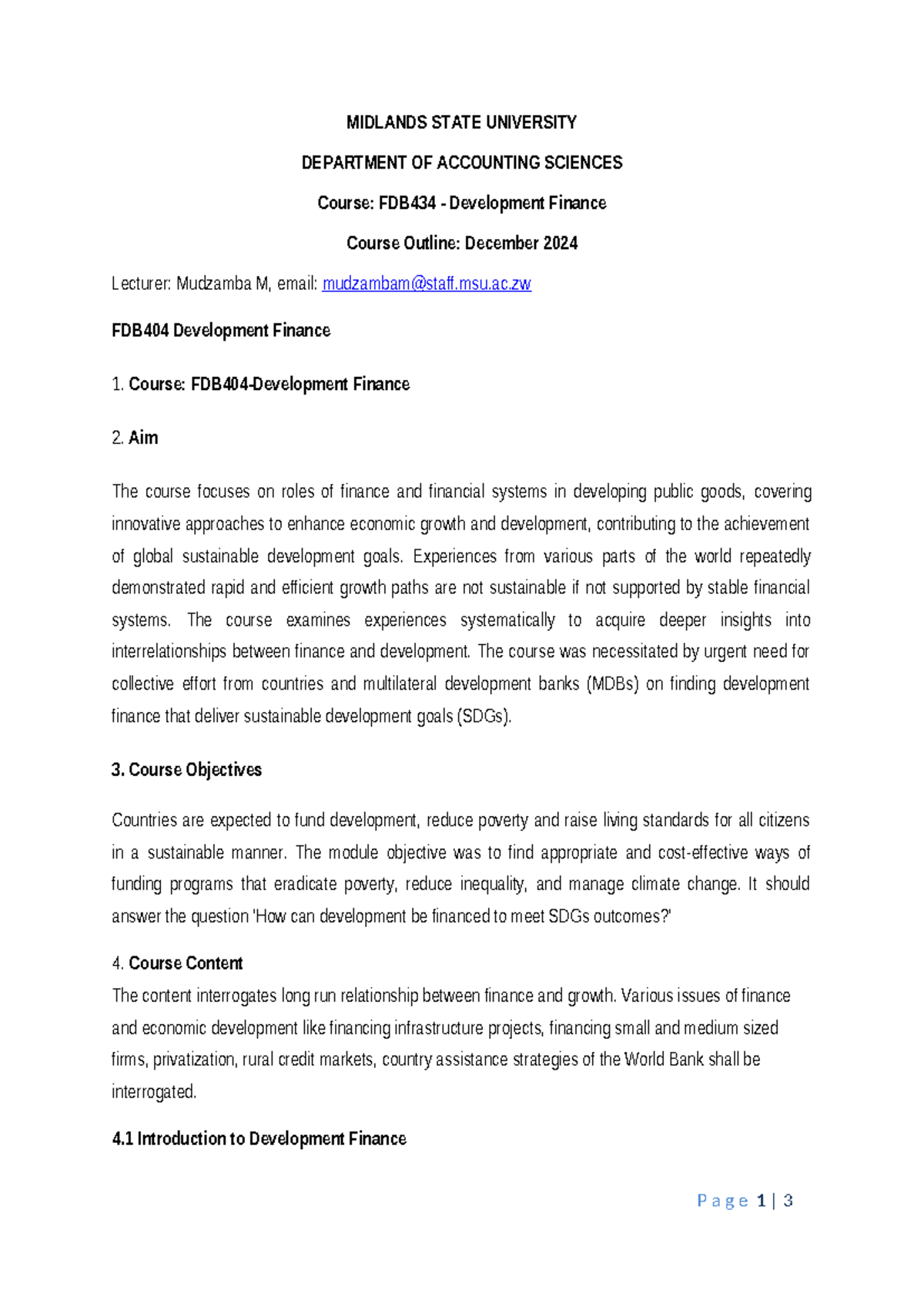 FDB434 - Development Finance Course Outline - MIDLANDS STATE UNIVERSITY ...