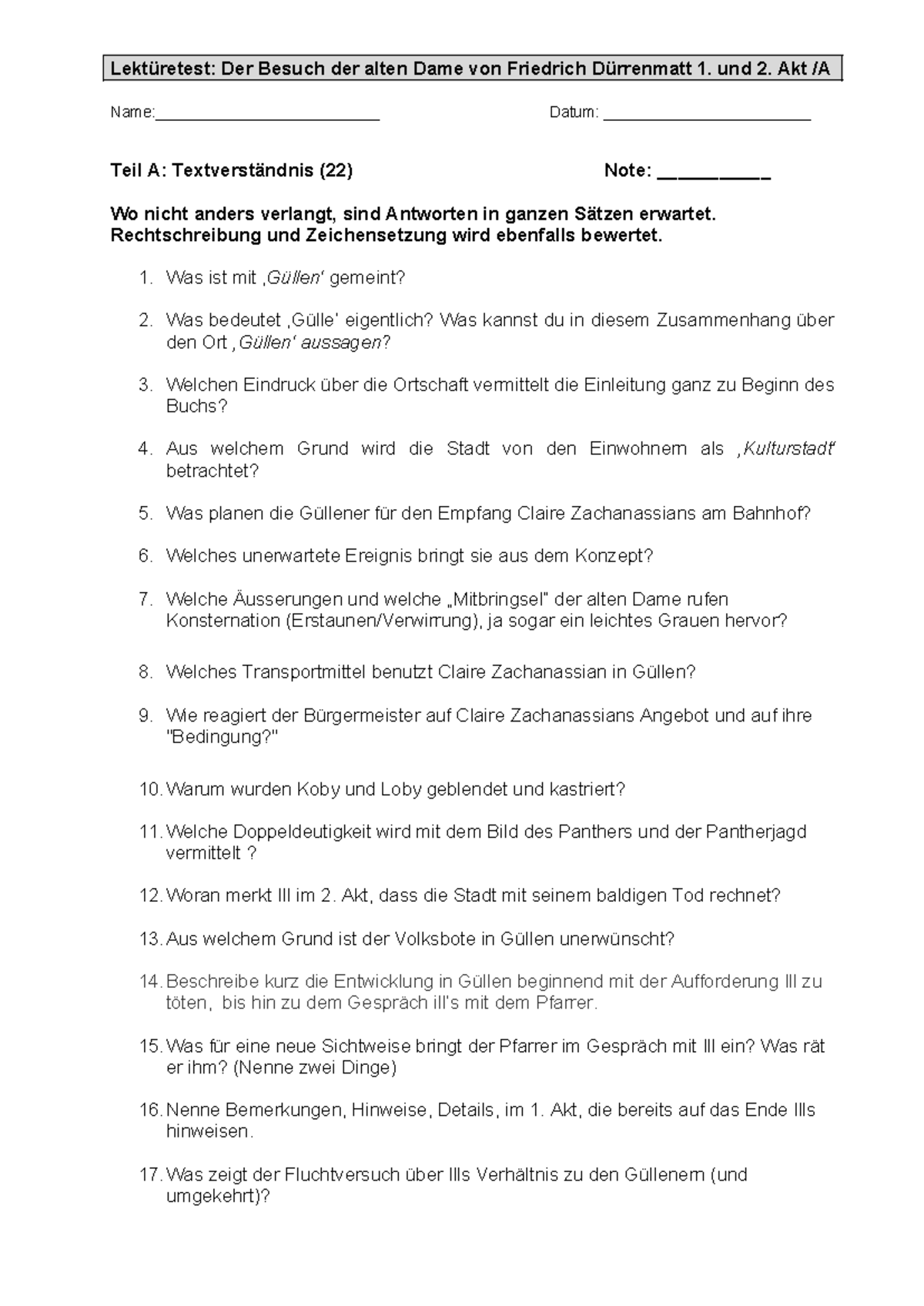 Fragen zu Besuch der alten Dame - Lektüretest: Der Besuch der alten ...