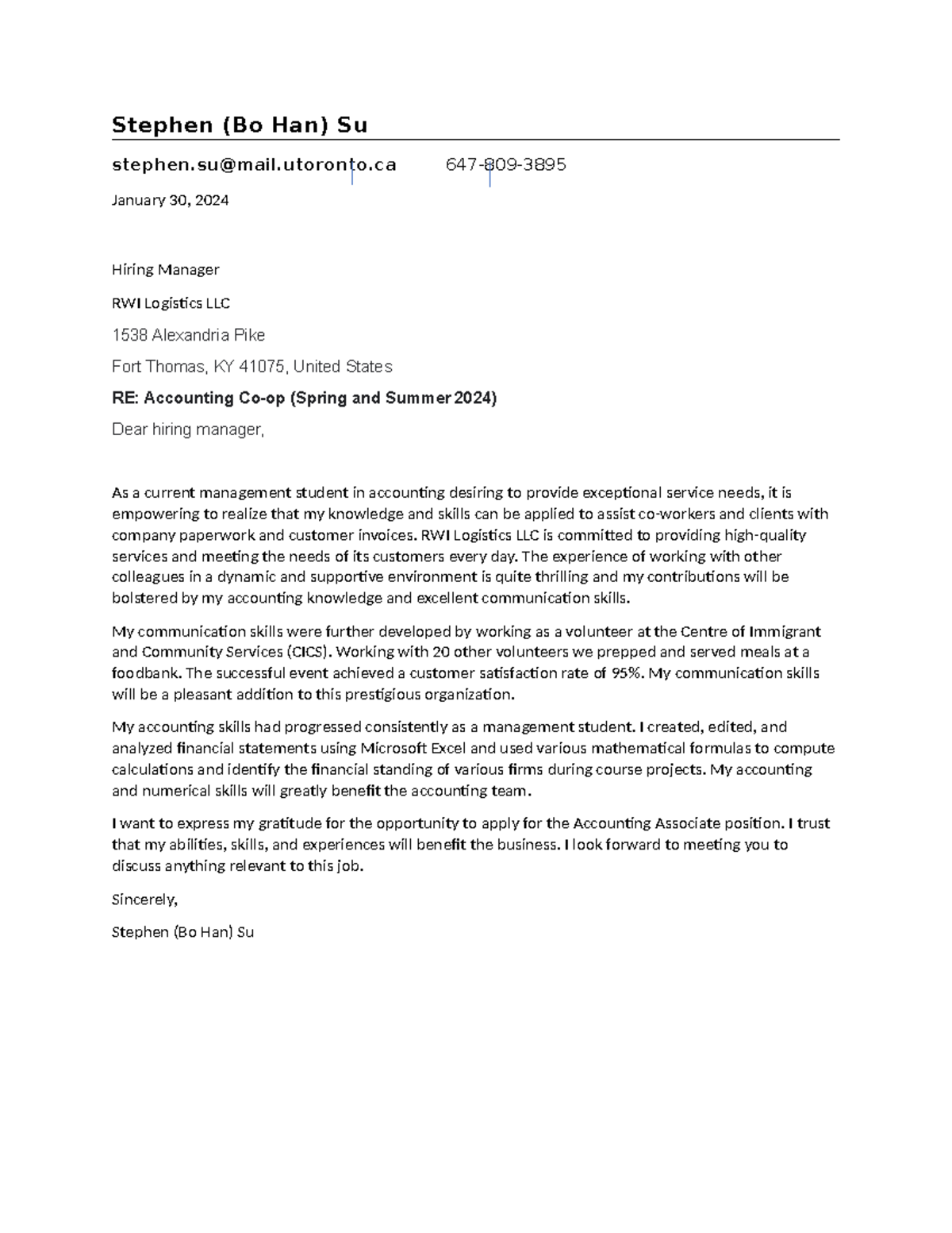 Cover Letter Assignment - Stephen (Bo Han) Su stephen@mail.utoronto 647 ...
