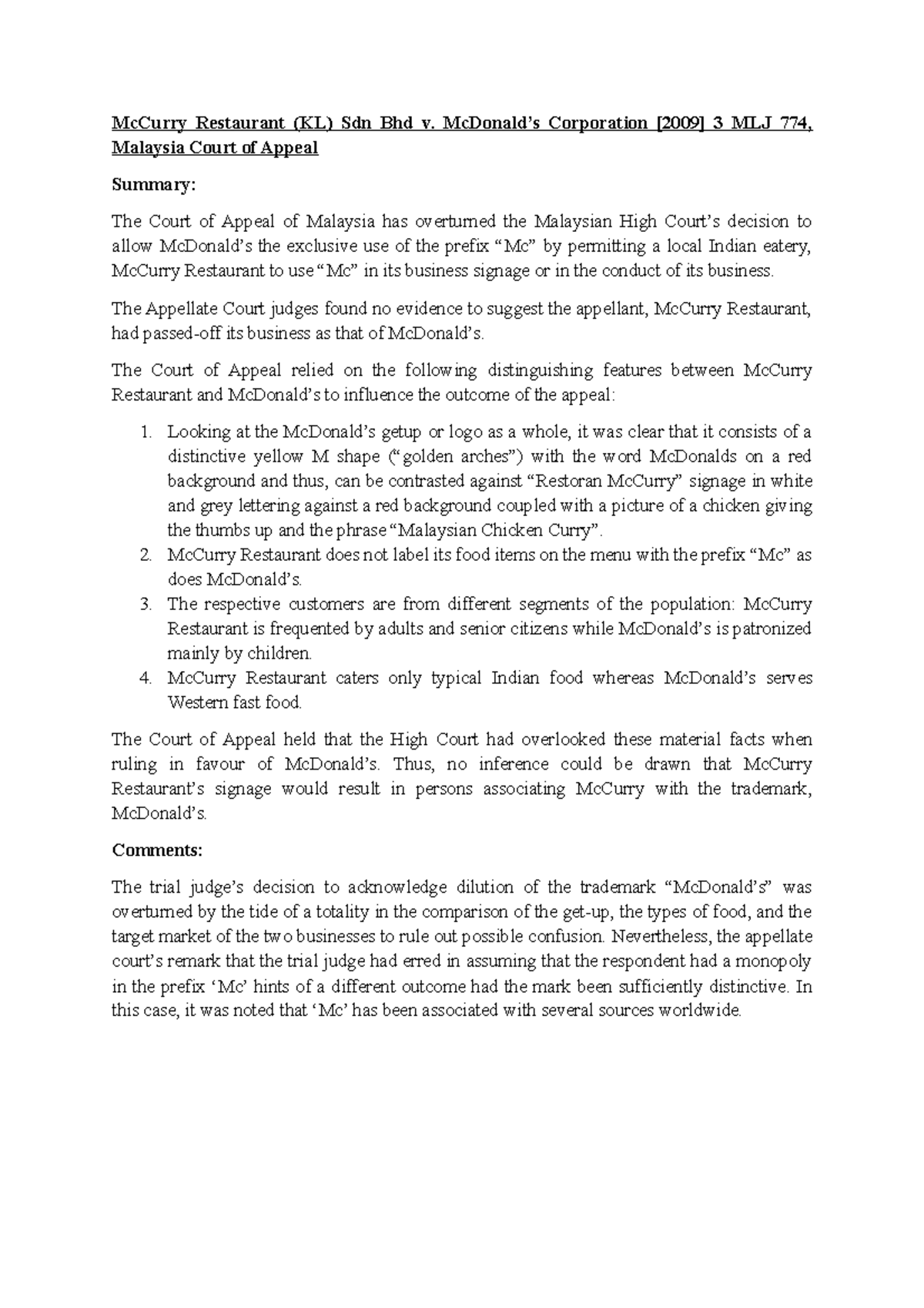 Tutorial case - McCurry Restaurant (KL) Sdn Bhd v. McDonald’s ...