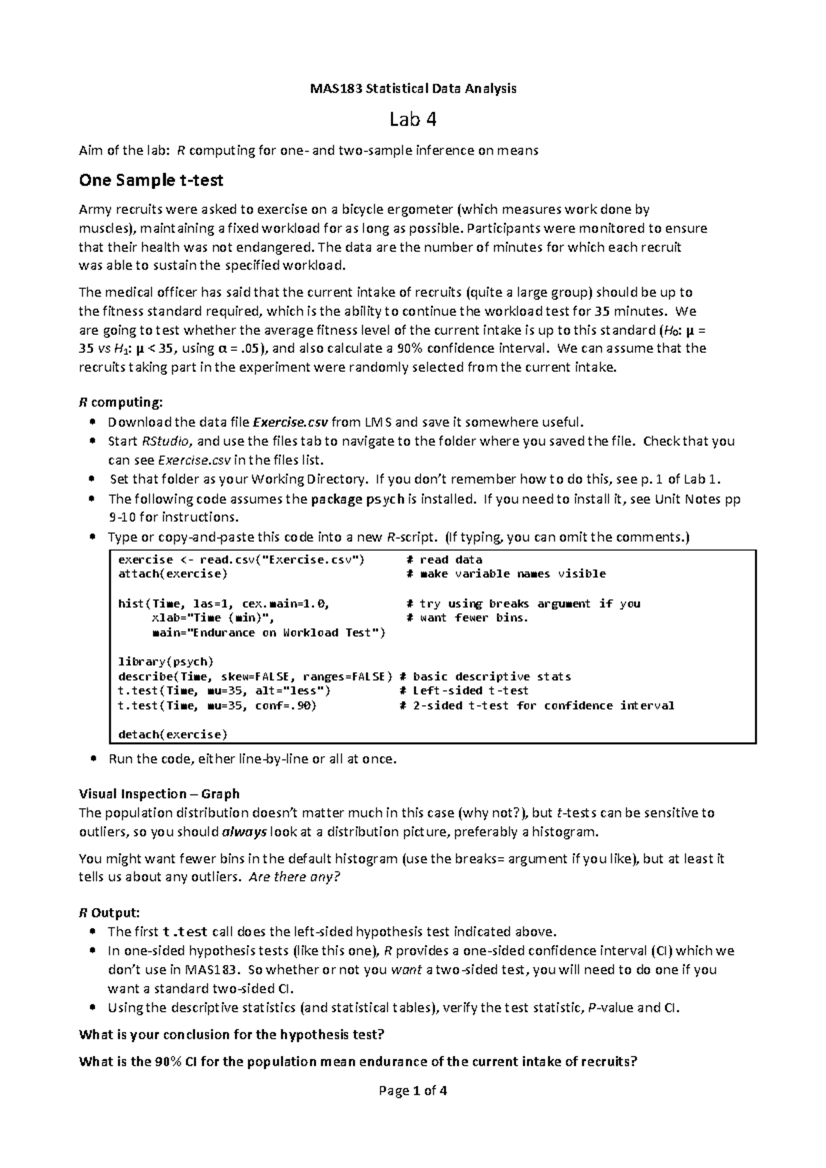 Lab 4 Lab 4 Mas183 Statistical Data Analysis Lab 4 Aim Of The Lab R Computing For One And