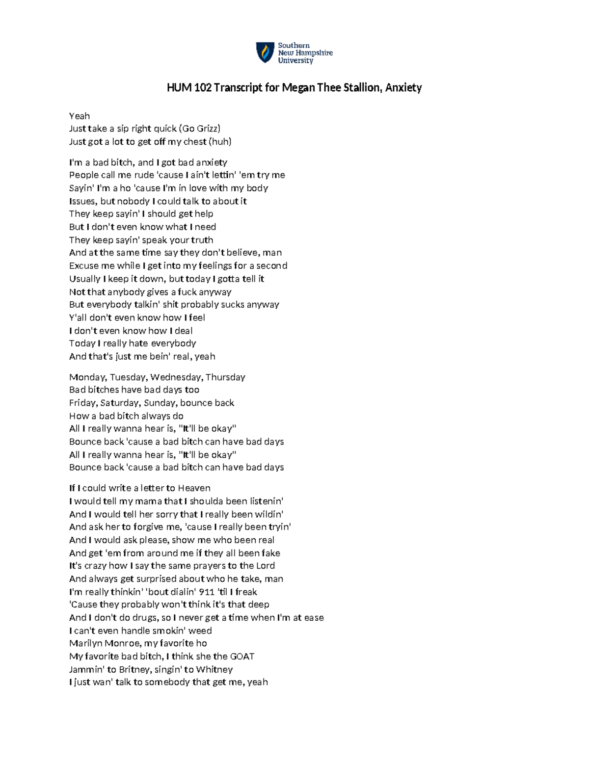 HUM 102 Transcript for Megan Thee Stallion, Anxiety - Studocu