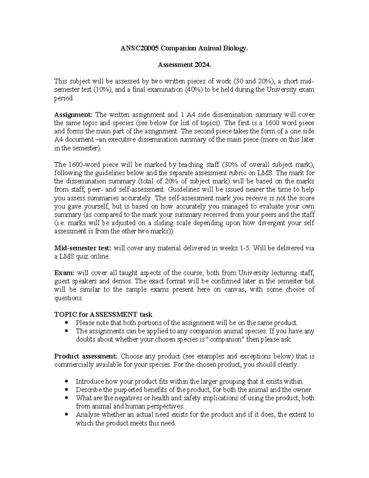 ANSC2000 5 Assessment guide 2024 - ANSC20005 Companion Animal Biology ...