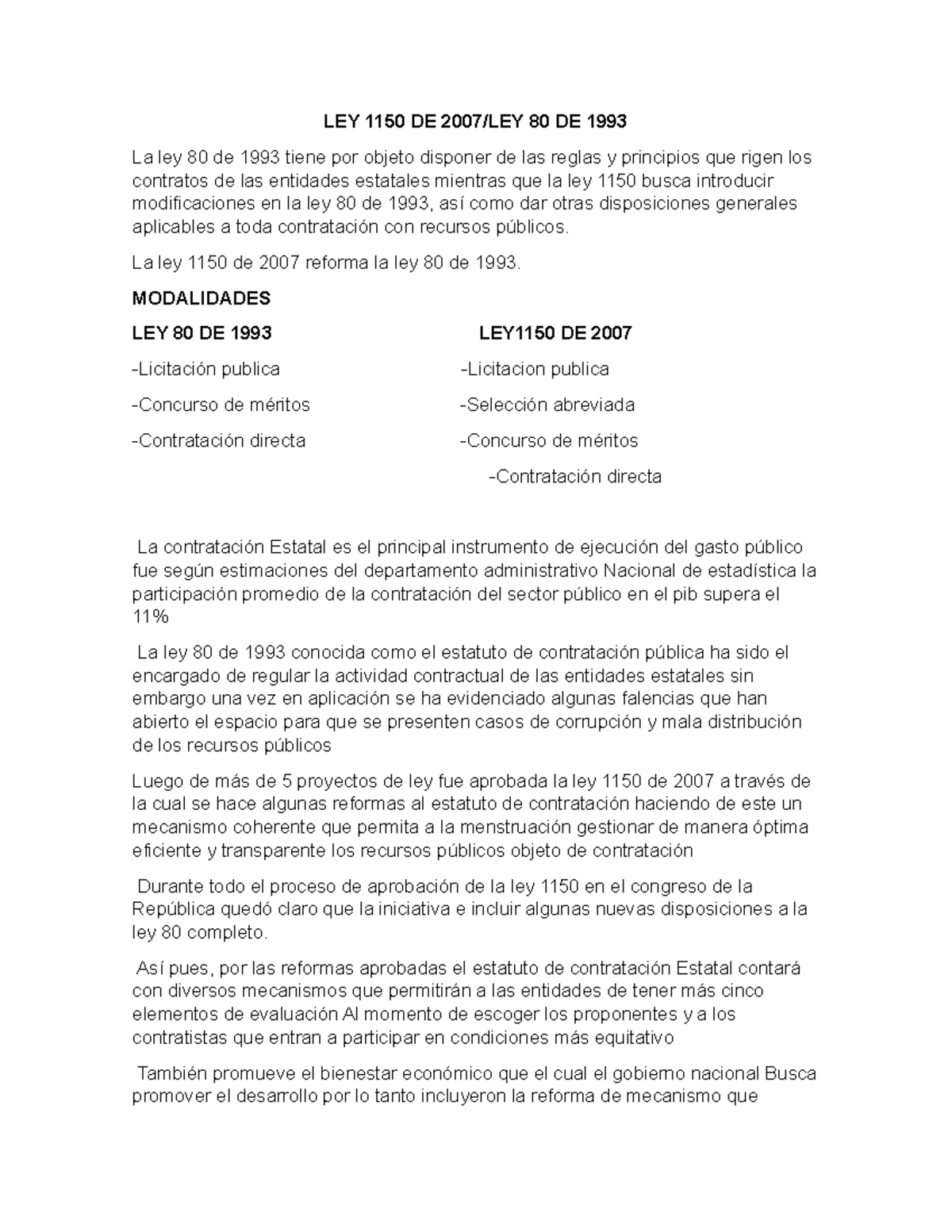 LEY 1150 DE 2007 - Apuntes 1 - LEY 1150 DE 80 DE 1993 La ley 80 de 1993 ...