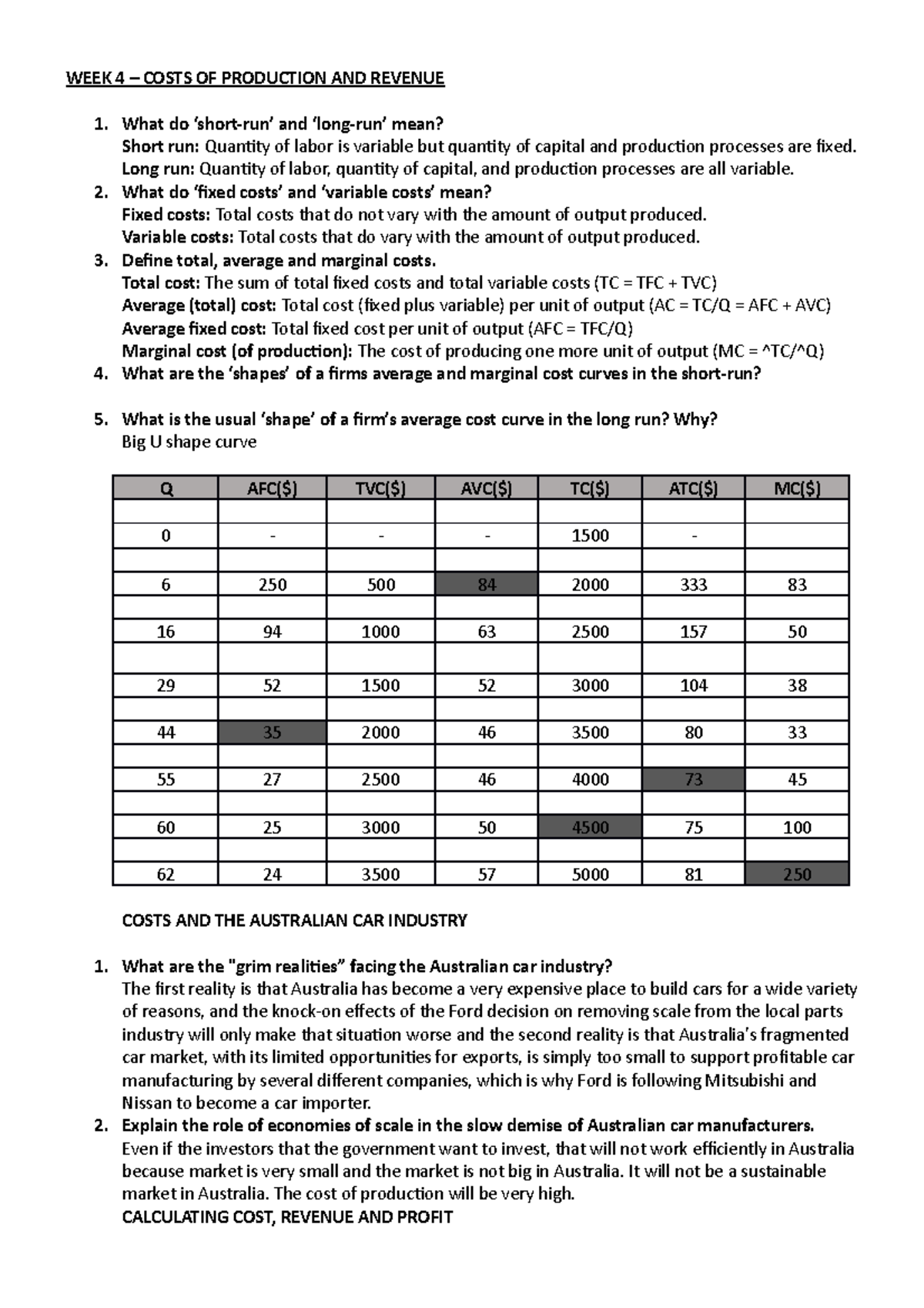 WEEK 4 – Costs OF Production AND Revenue - WEEK 4 – COSTS OF PRODUCTION ...