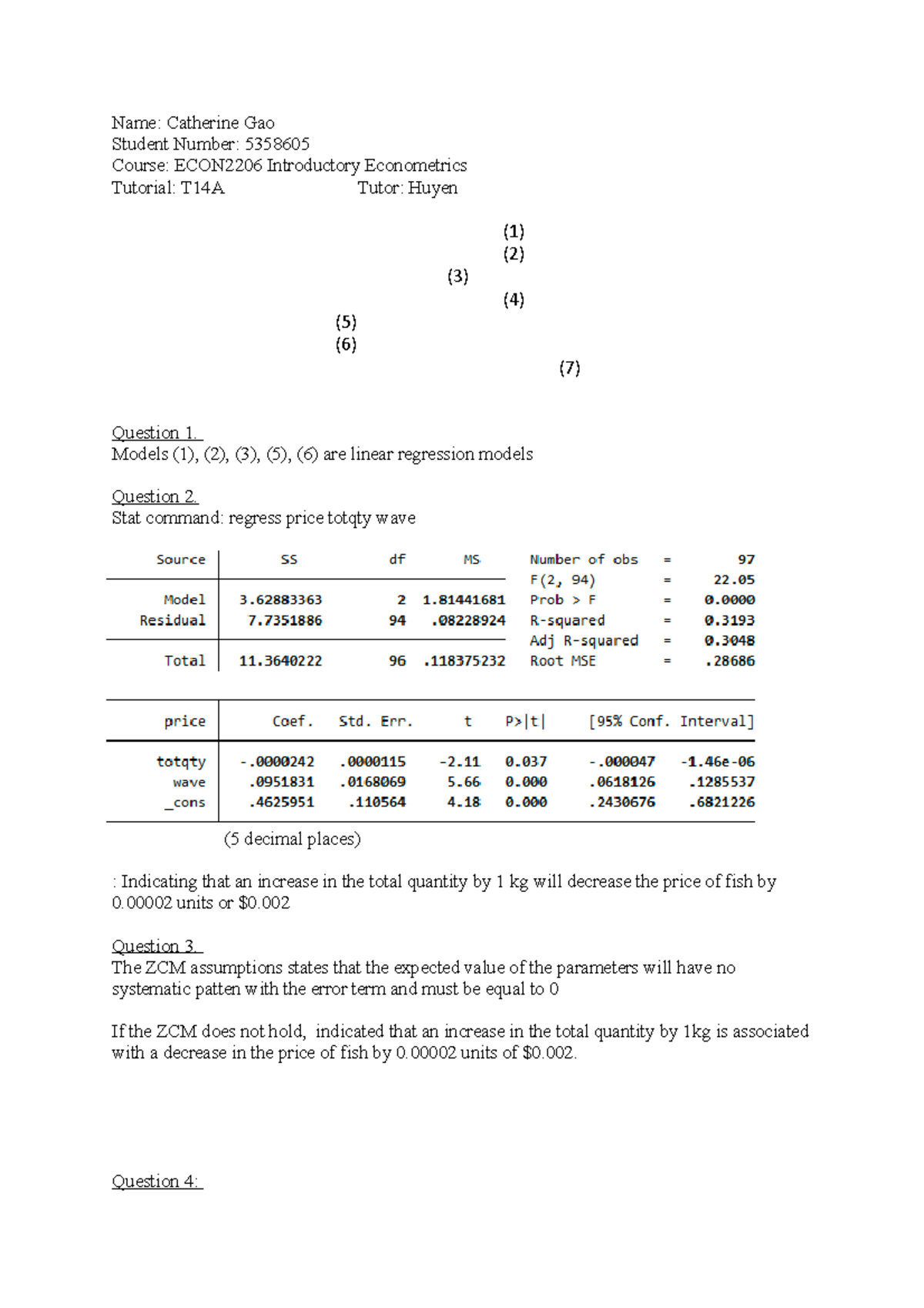 Problem Set - Name: Catherine Gao Student Number: 5358605 Course: ECON2206 Introductory ...