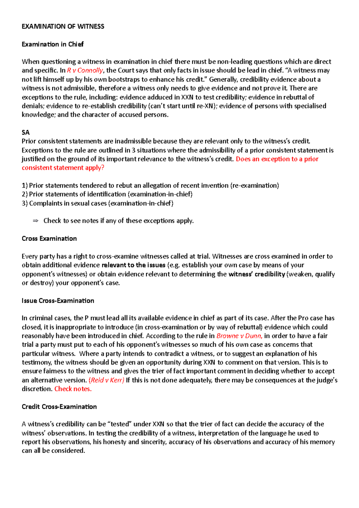 Evidence Examination of Witness Cheet Sheet - LLAW3223 - Flinders - Studocu