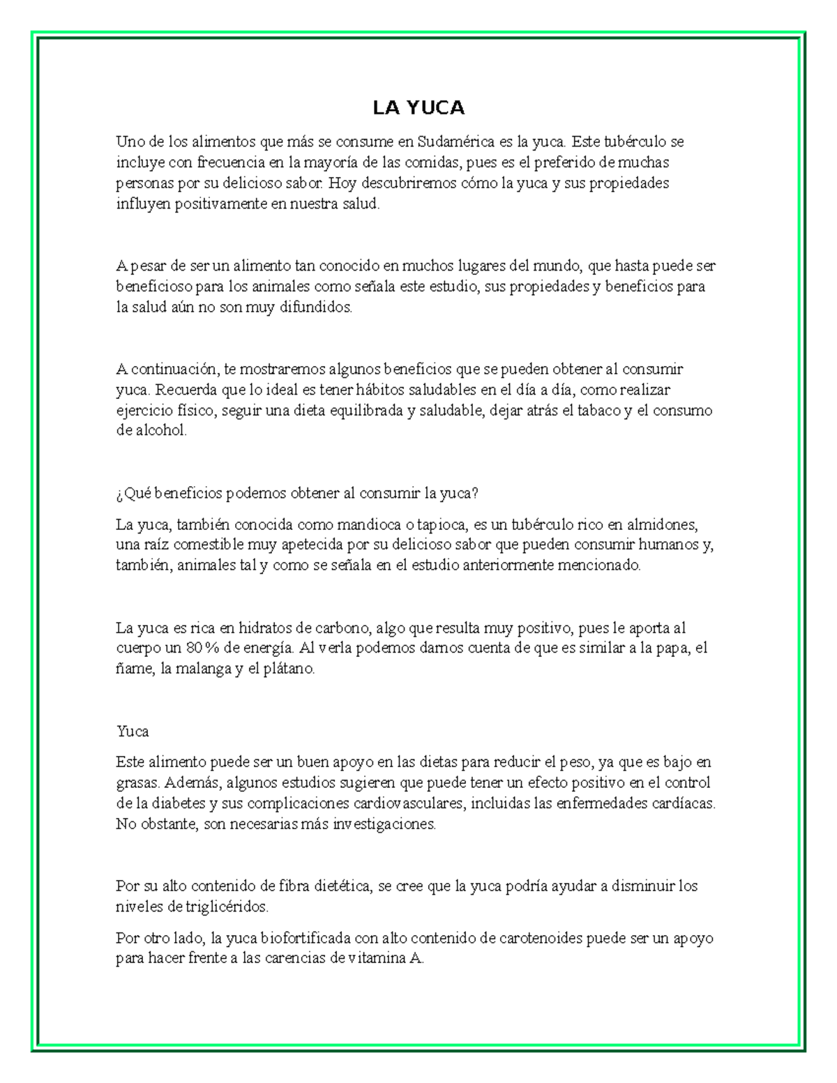 LA YUCA - LA YUCA - LA YUCA Uno de los alimentos que más se consume en ...