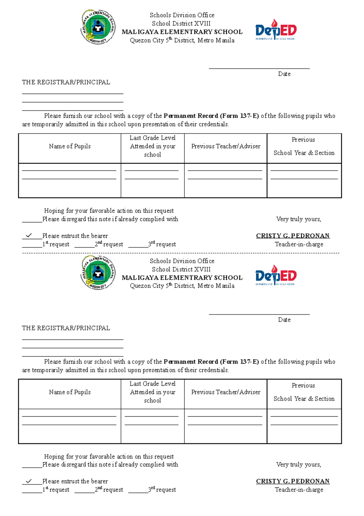 Request Form F137 1 - This is very useful document. - Schools Division ...