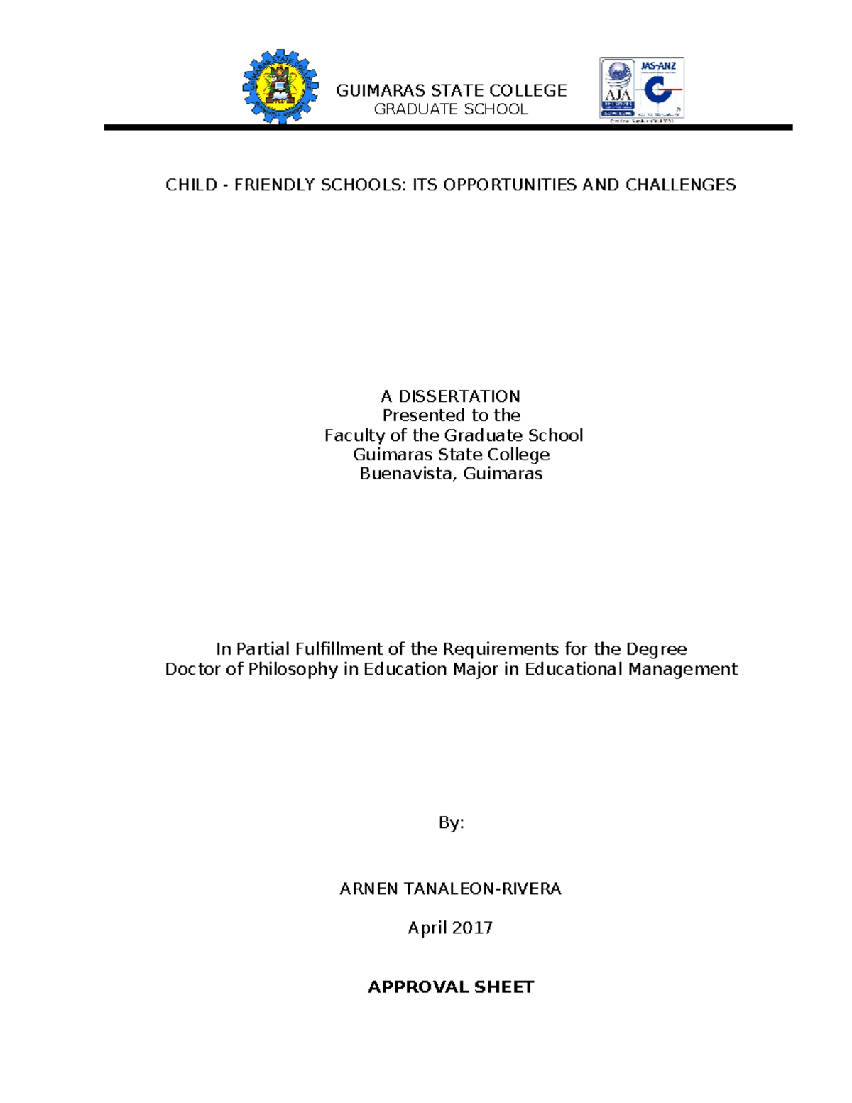 Preliminary pages arnen docx - GRADUATE SCHOOL CHILD - FRIENDLY SCHOOLS: ITS OPPORTUNITIES AND ...