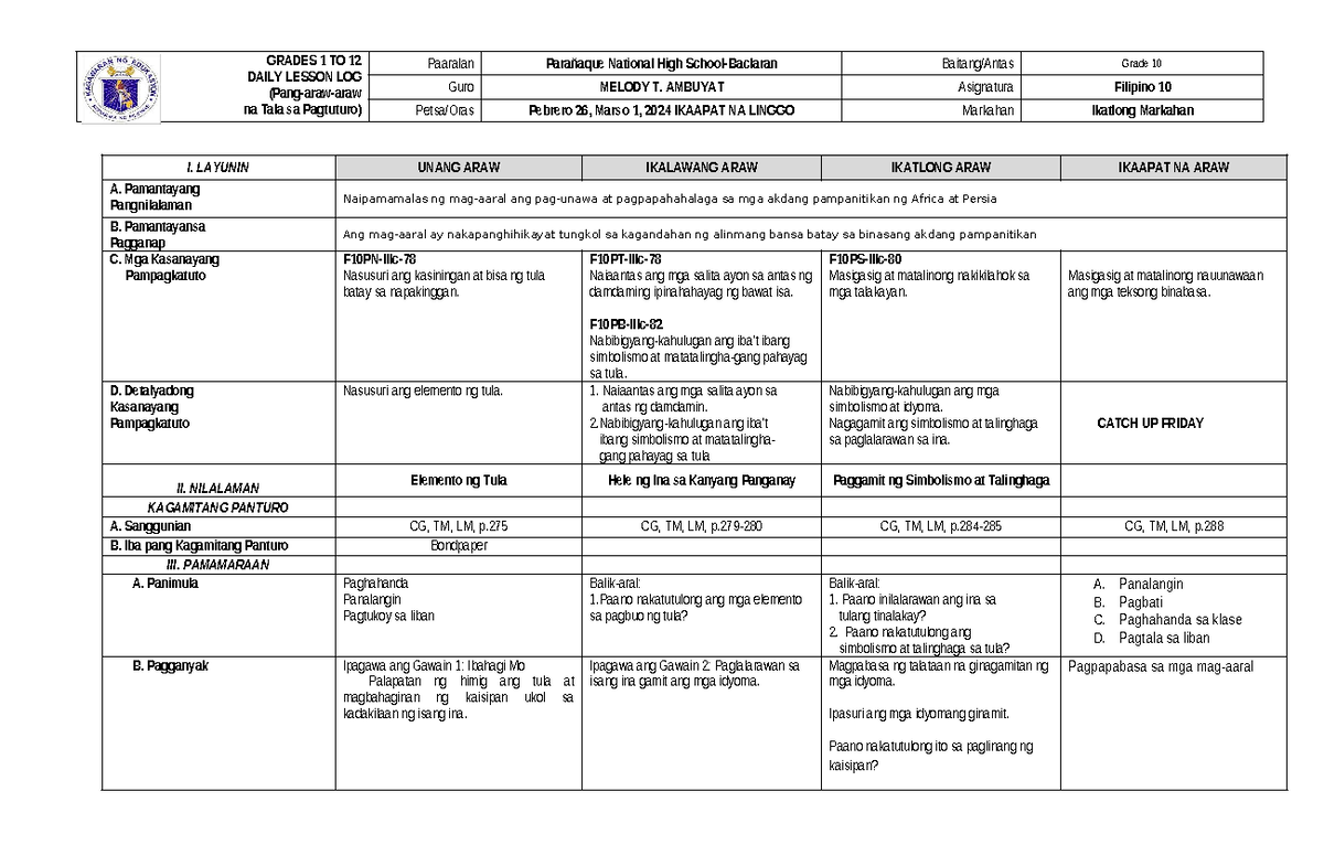 Ambuyat - This a Daily Lesson log in Filipino Grade 10 - GRADES 1 TO 12 ...