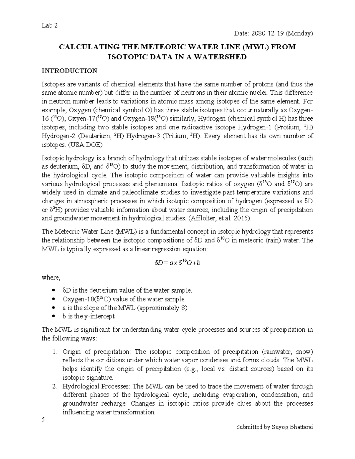 Lab 2; Calculate THE Meteoric Water LINE Given Isotopic Watershed ...