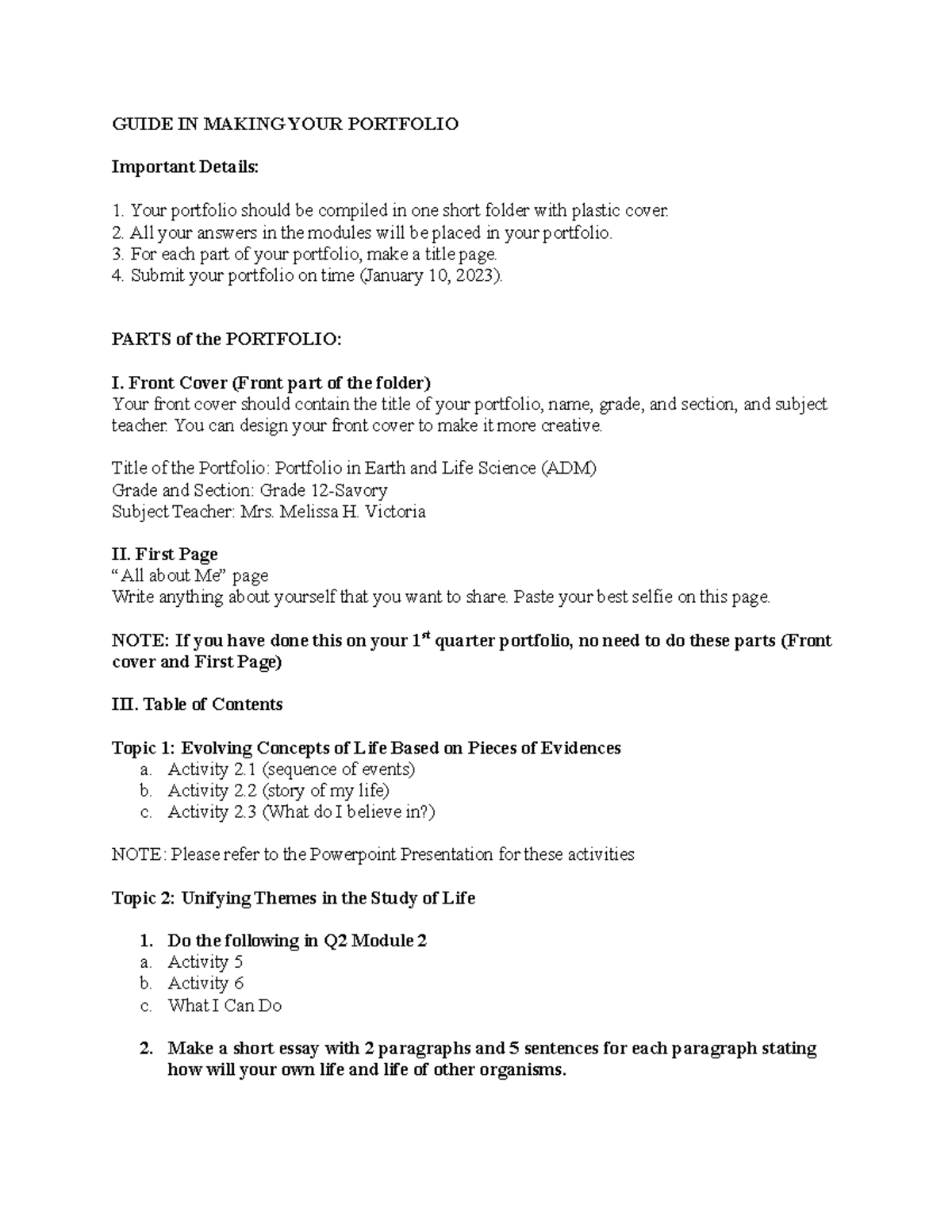 Second Quarter Earth AND LIFE Science Portfolio - GUIDE IN MAKING YOUR ...