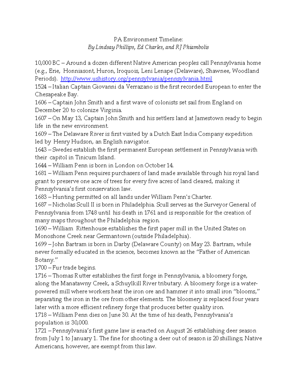 A Timeline of Environmental History - PA Environment Timeline: By ...