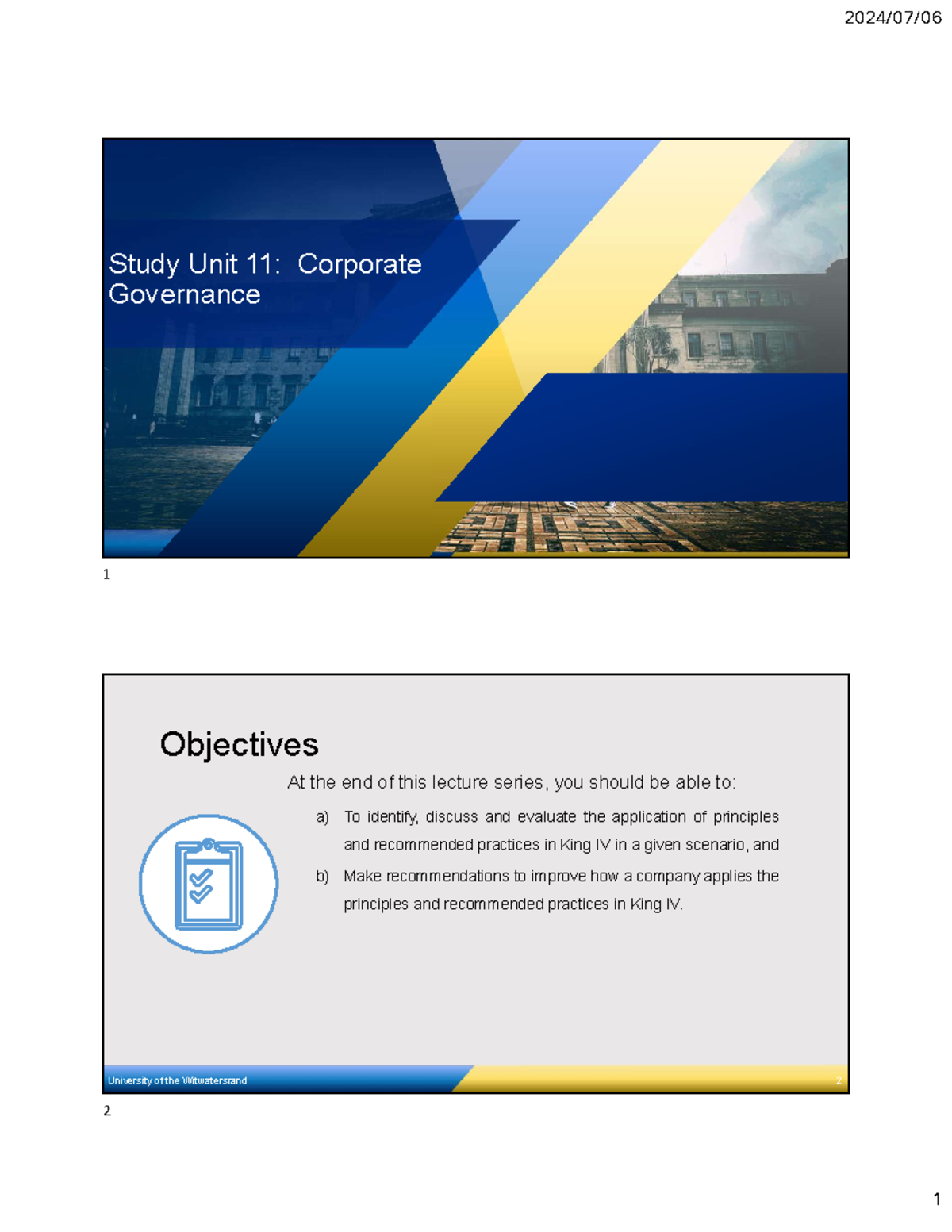 King IV slides - King IV principles - Study Unit 11: Corporate Governance Objectives At the end ...