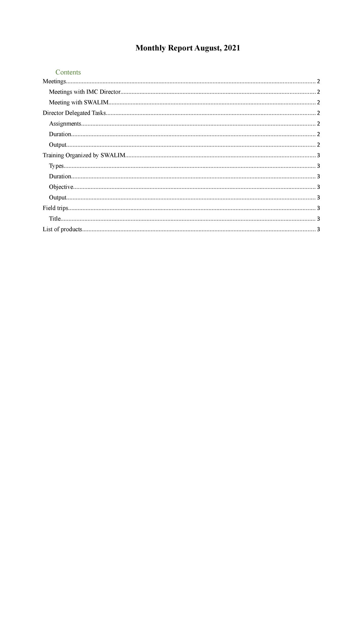 Monthly Report Aug, 2021 - Contents - Monthly Report August, - Studocu