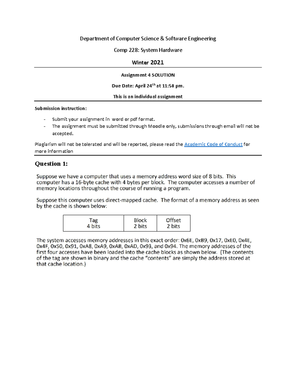 COMP 228 Assignment 4 - Department of Computer Science & Software Engineering Comp 228: System ...
