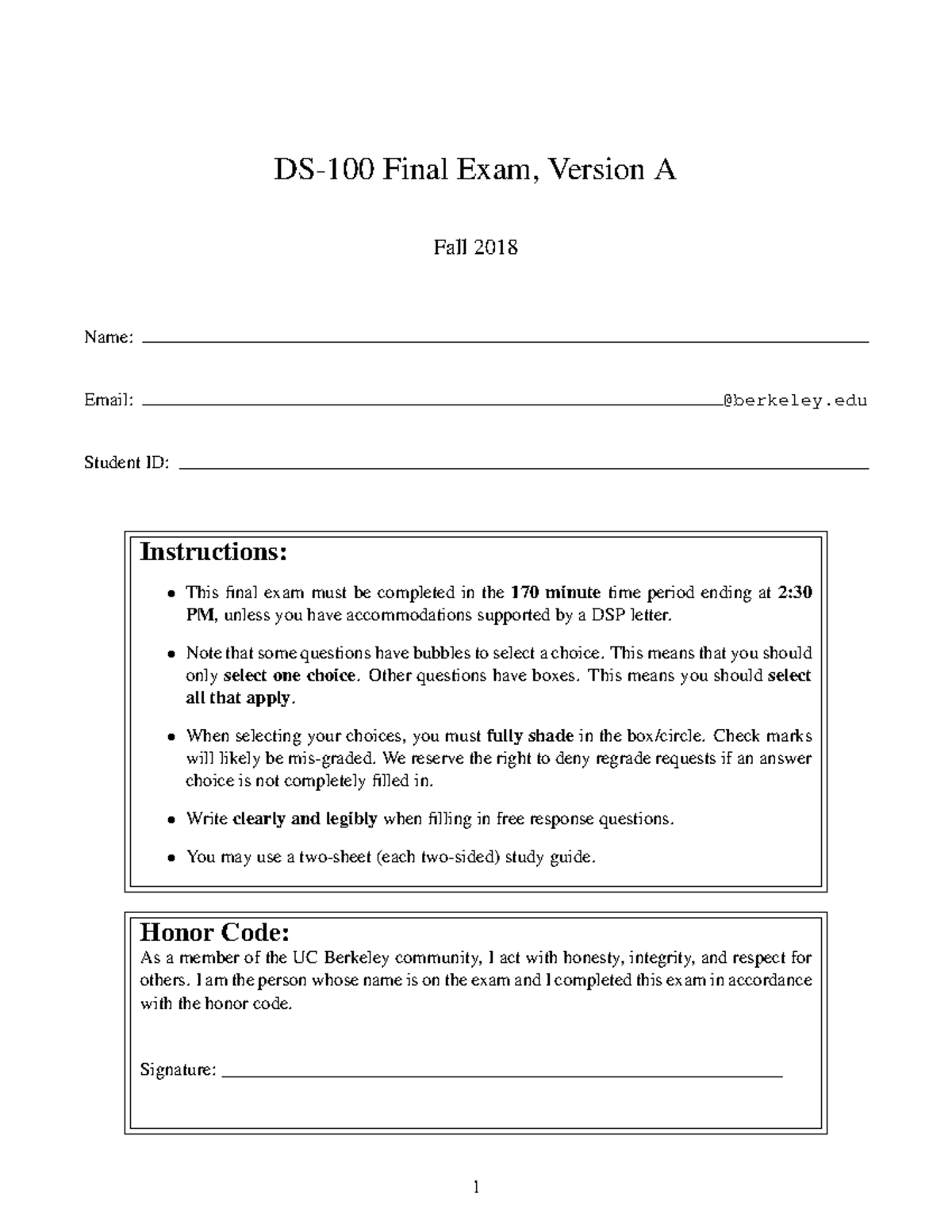 Fa18finalsol - abc - DS-100 Final Exam, Version A Fall 2018 Name: Email ...