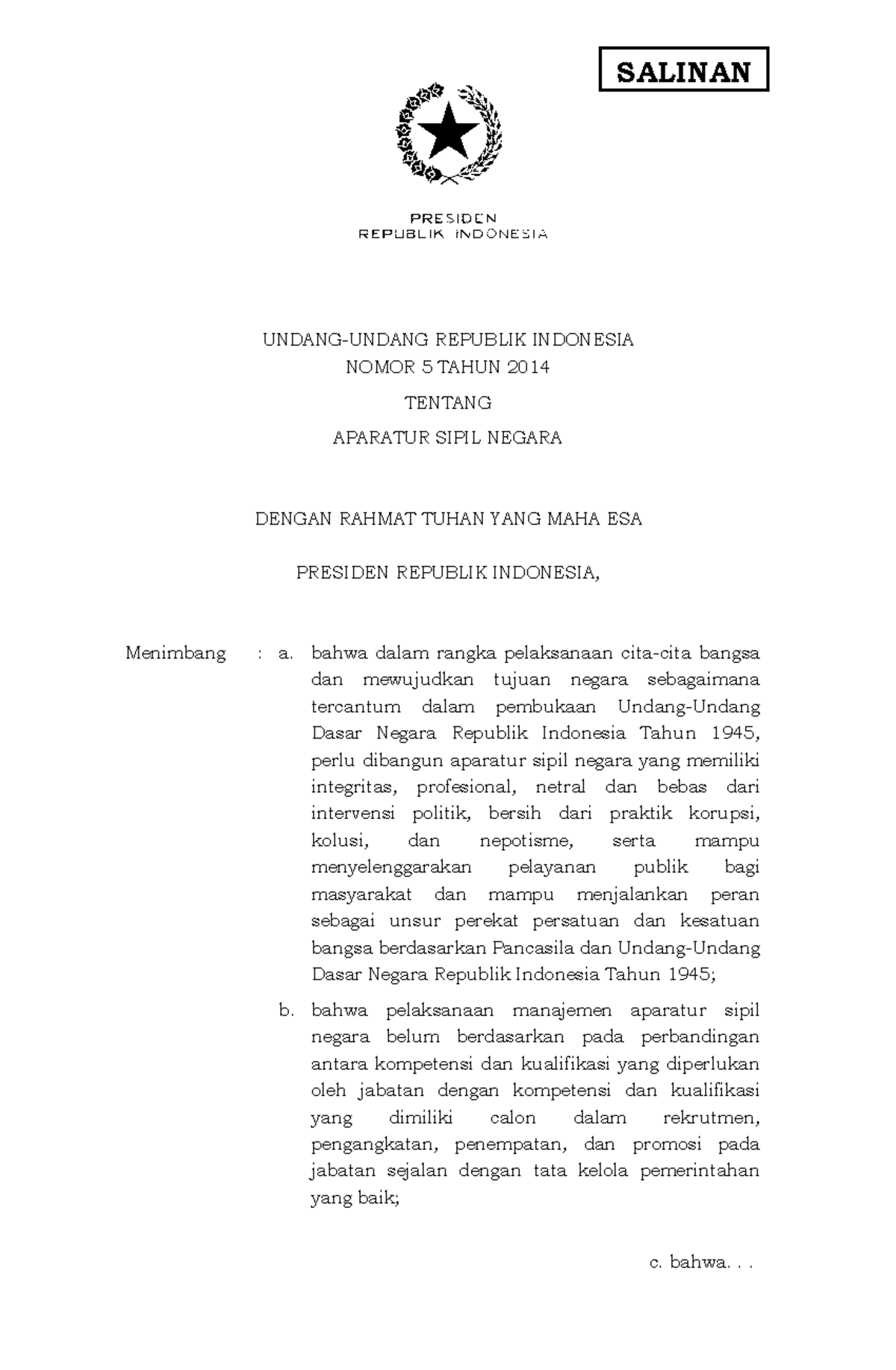UU5-2014 Aparatur Sipil Negara - SALINAN UNDANG-UNDANG REPUBLIK ...