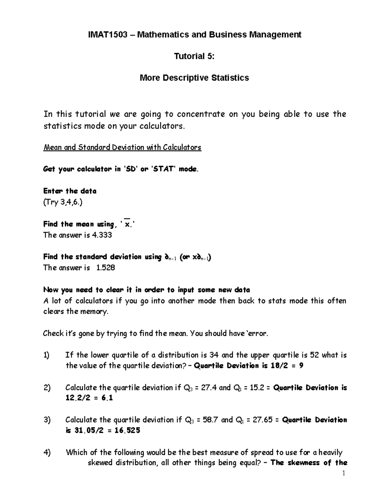 Tut 5 More Descriptive Statistics - IMAT1503 – Mathematics and Business ...