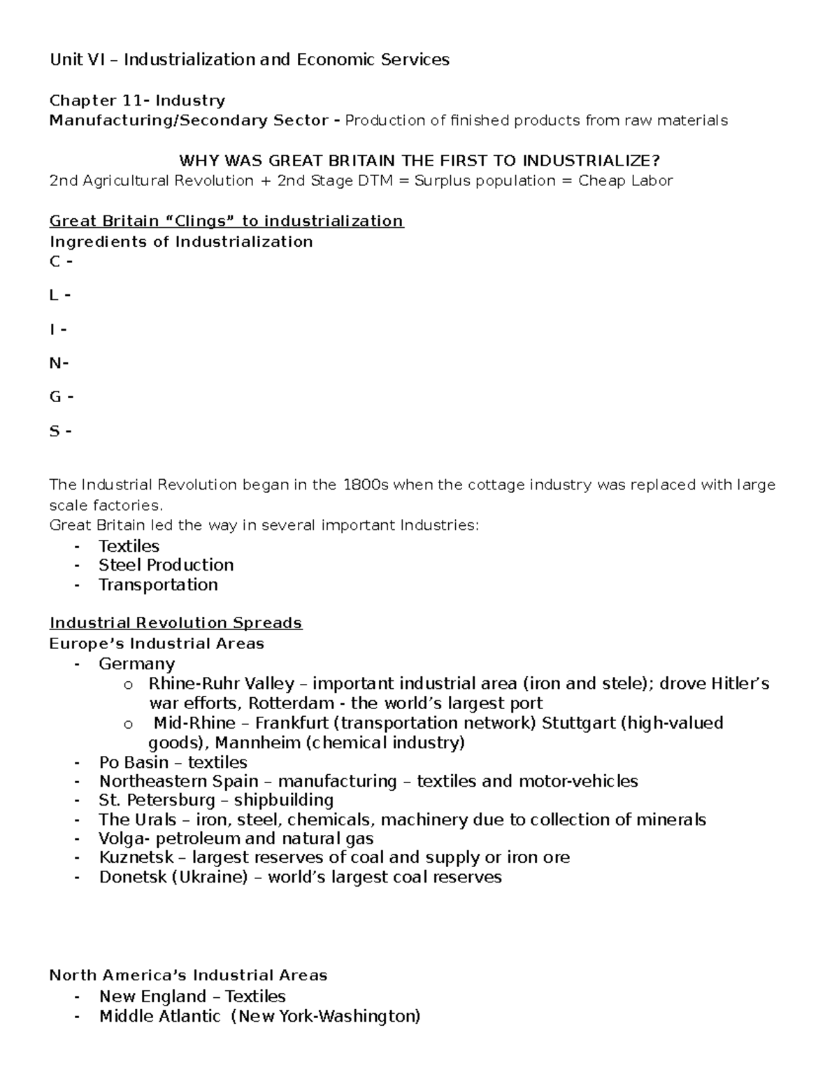 Chapter 11 section 1 notes - Unit VI – Industrialization and Economic ...
