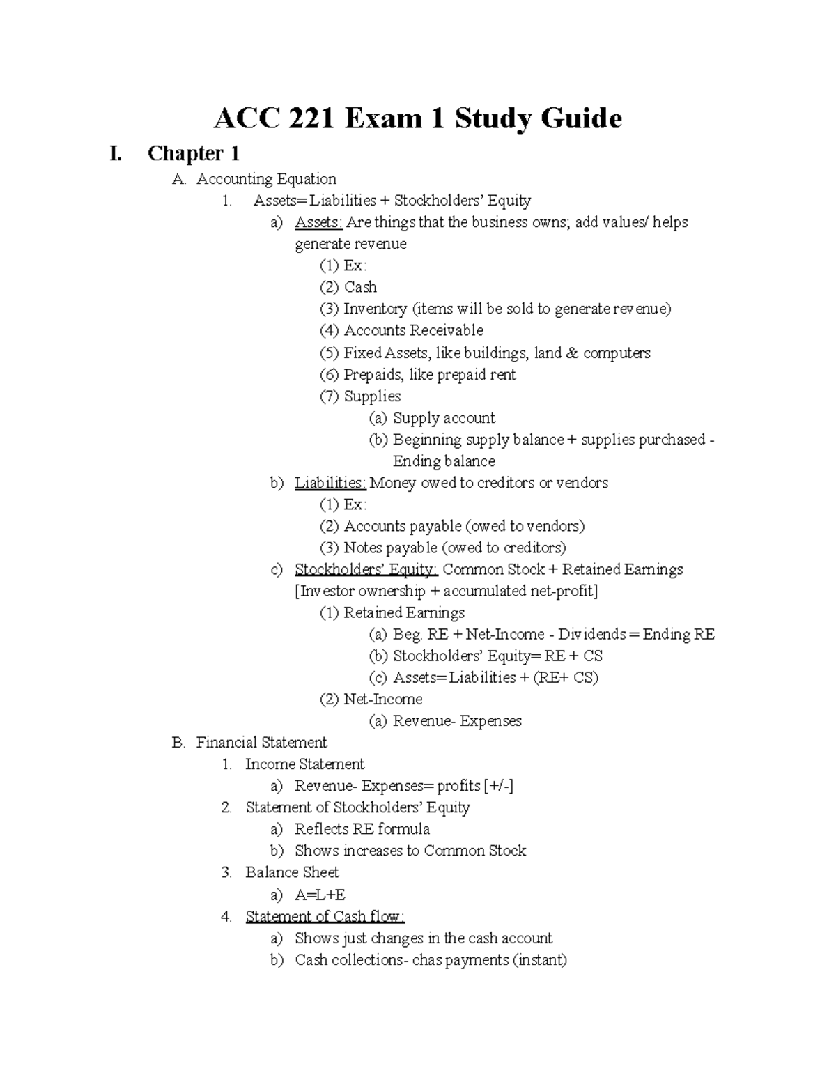 Offical Acc221 Study - ACC 221 Exam 1 Study Guide I. Chapter 1 A ...