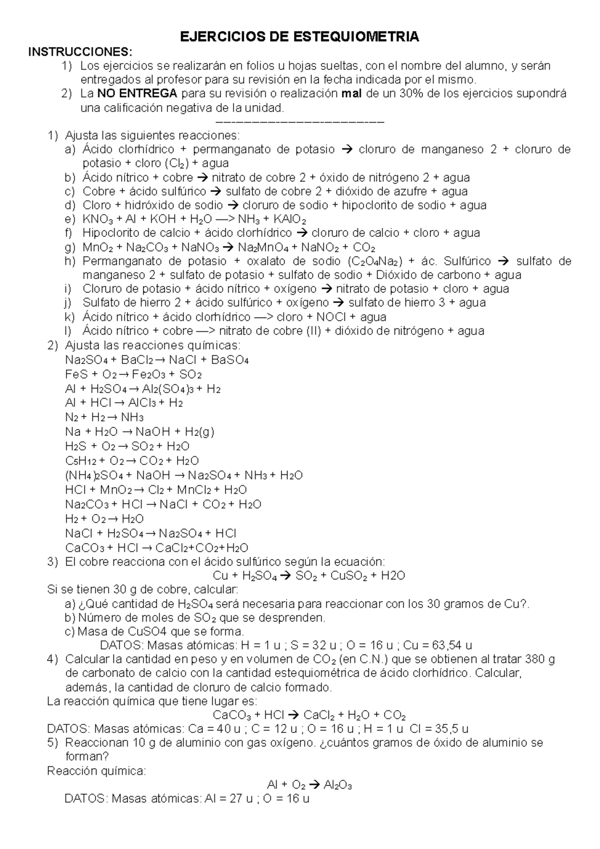 Ejercicios DE Estequiometria - EJERCICIOS DE ESTEQUIOMETRIA INSTRUCCIONES: Los ejercicios se ...
