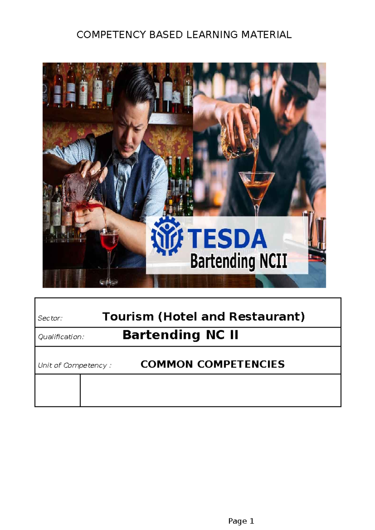 Competency Based Learning Material Bartending - COMPETENCY BASED LEARNING MATERIAL Sector ...