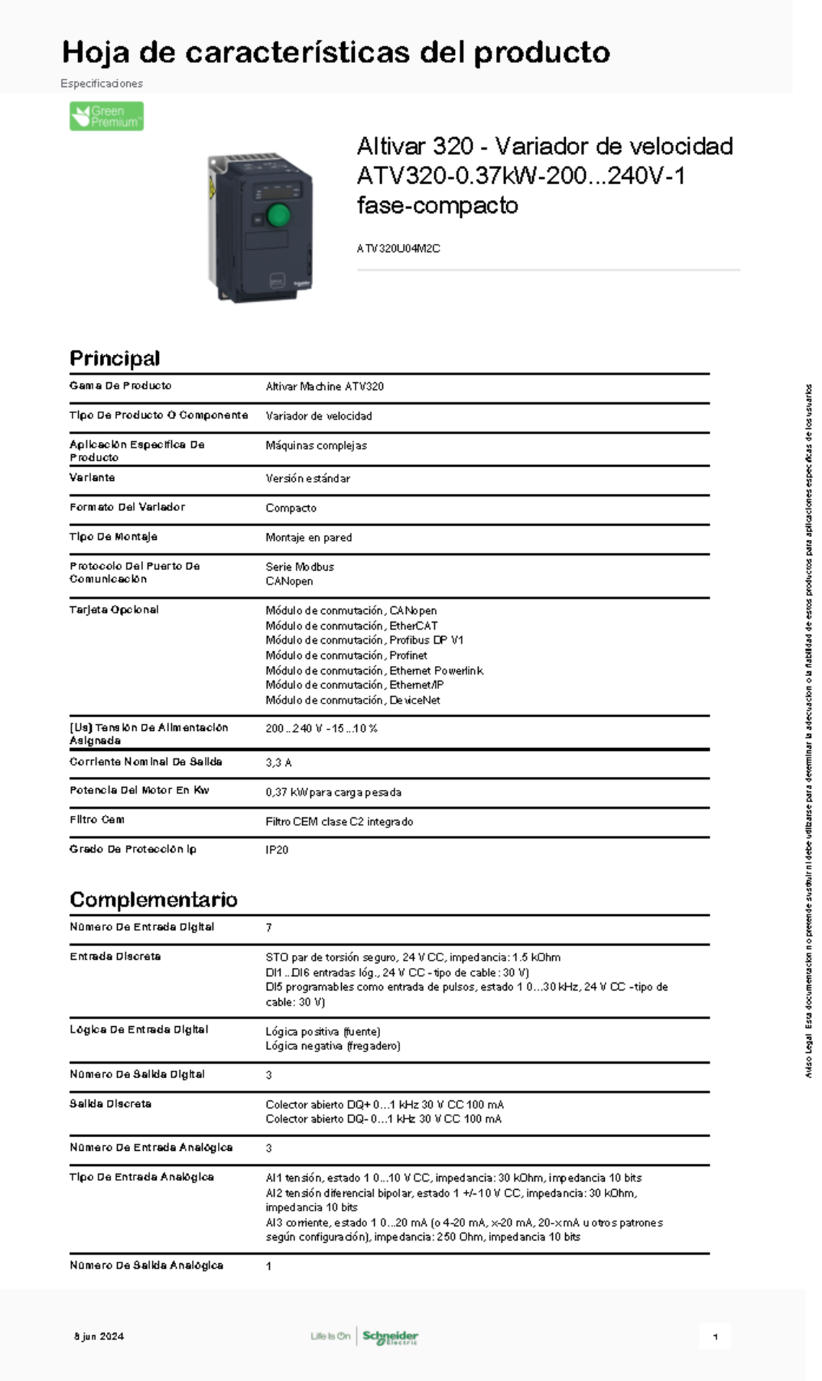 Schneider Electric Altivar-Machine-ATV320 ATV320U04M2C - Altivar 320 ...