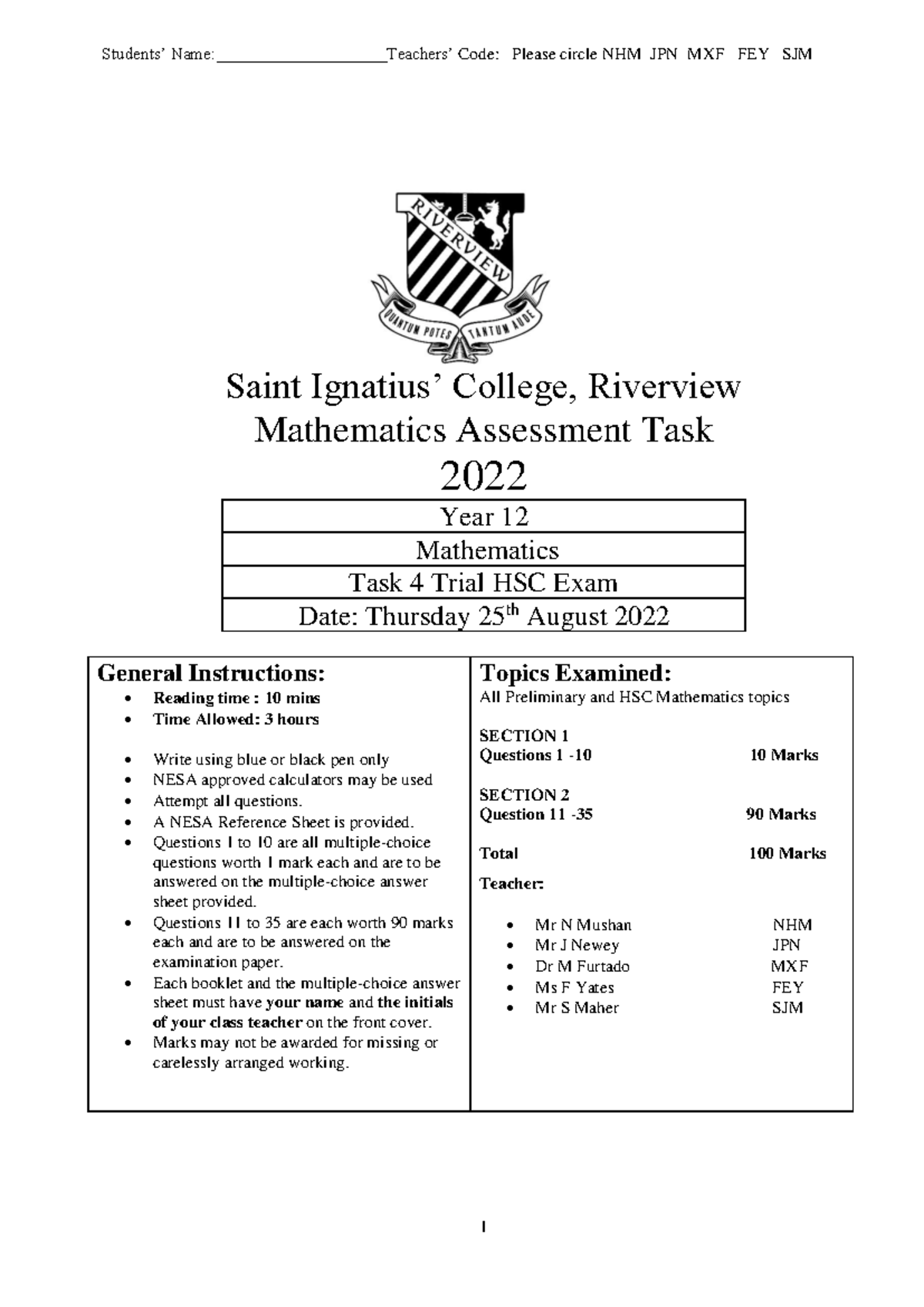 2022 Yr 12 Adv Task 4 - Trial - Students’ Name ...