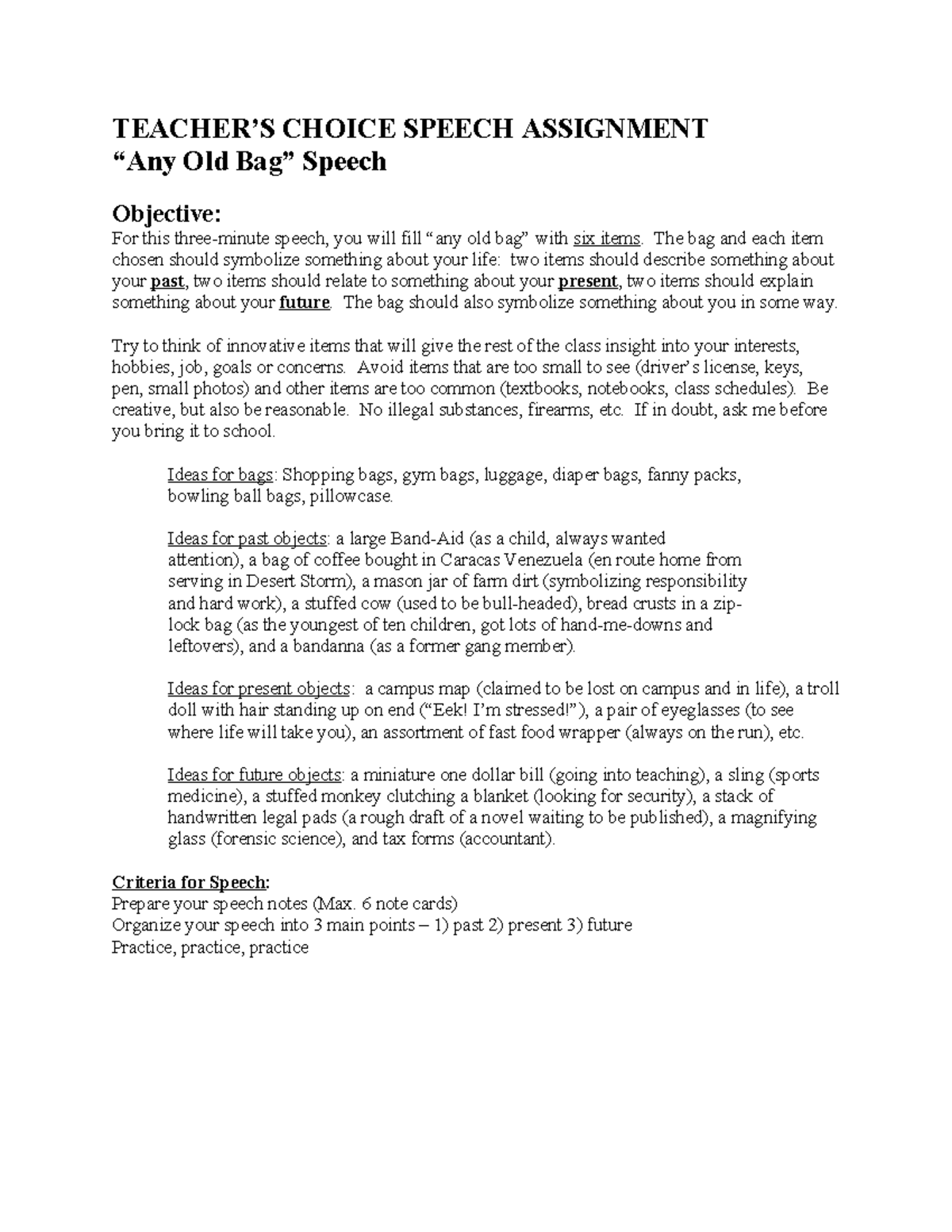 COMM 101 Any Old Bag Speech Assignment - TEACHER’S CHOICE SPEECH ...