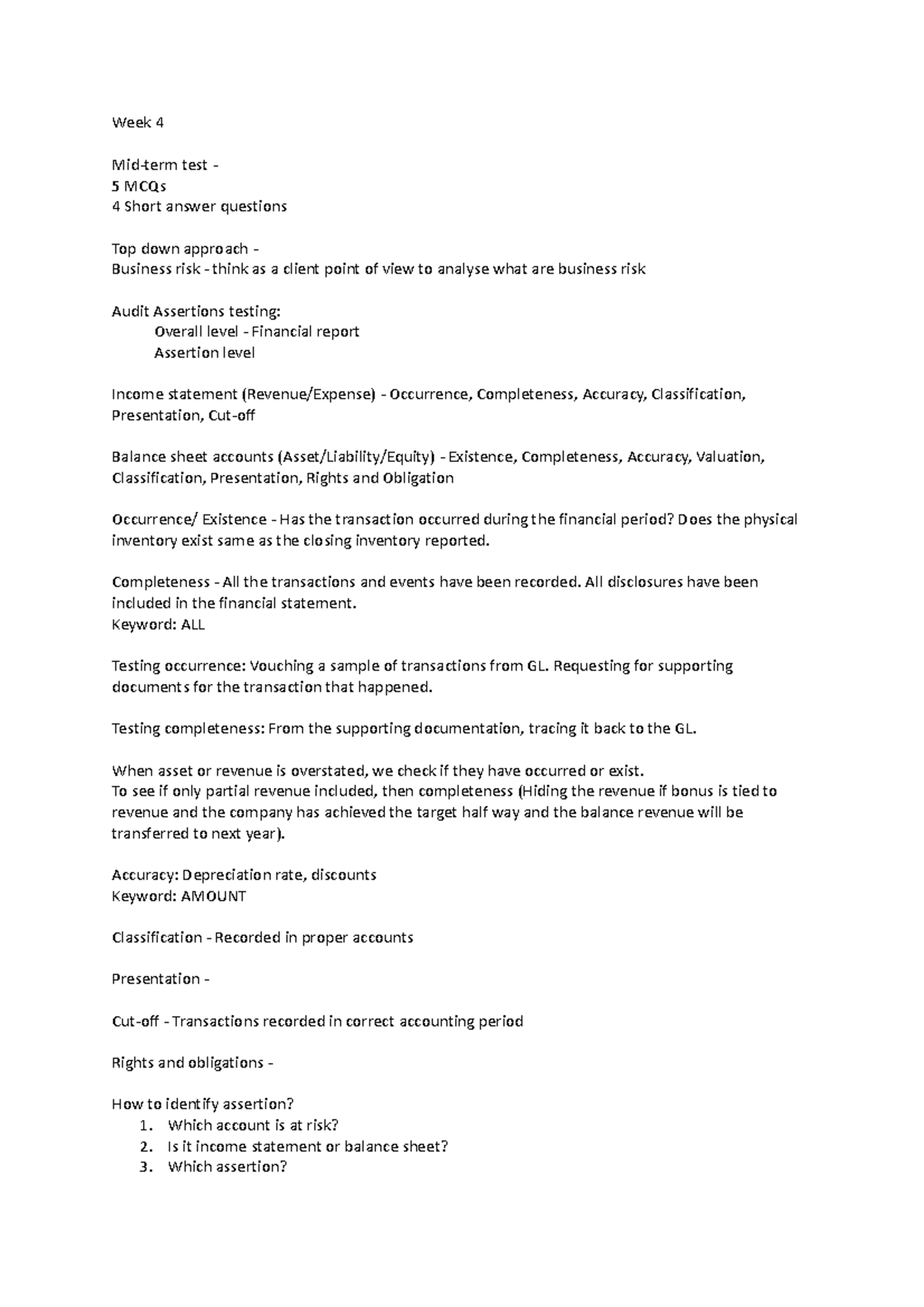 Rough notes - AA - Week 4 Mid-term test - 5 MCQs 4 Short answer ...