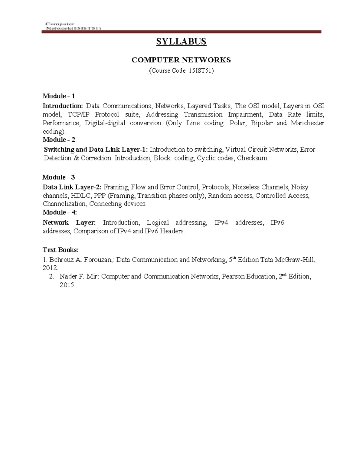 CN Notes - 3333333333 - SYLLABUS COMPUTER NETWORKS (Course Code ...