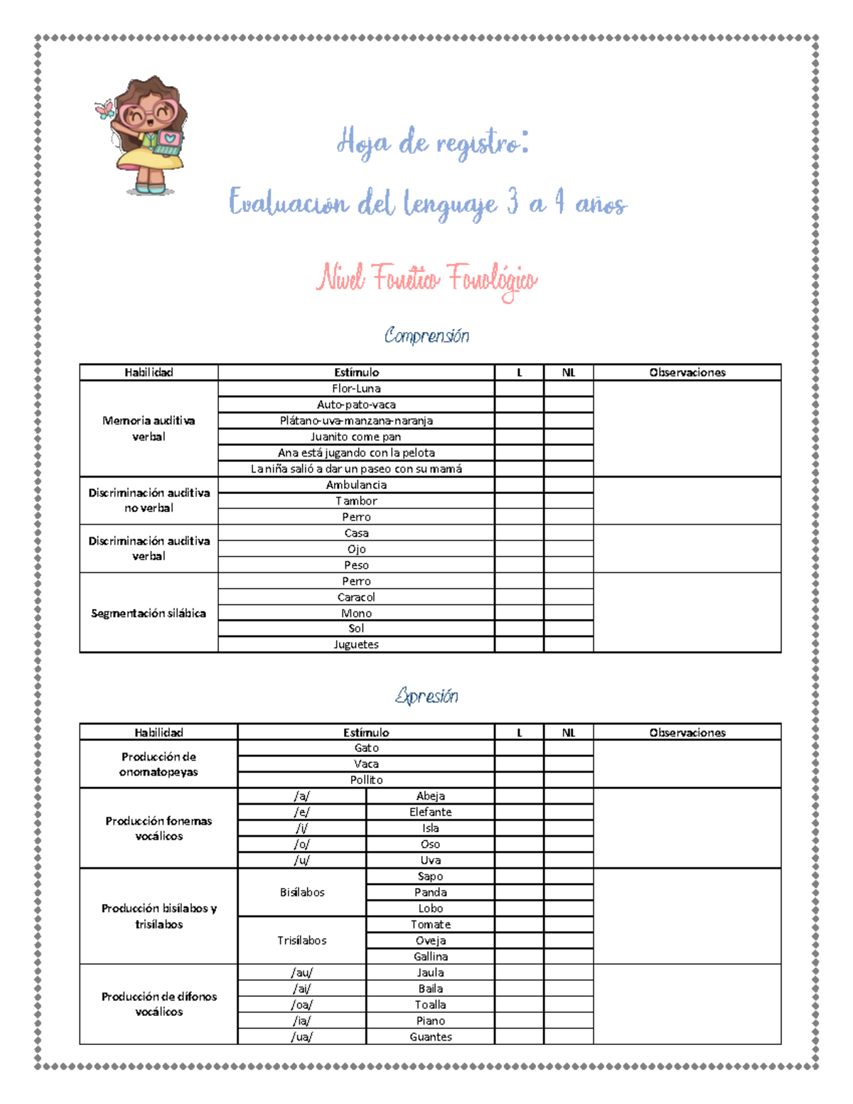 Hoja de registro Evaluación 3-4 años - : Nivel Fonético Fonológico ...
