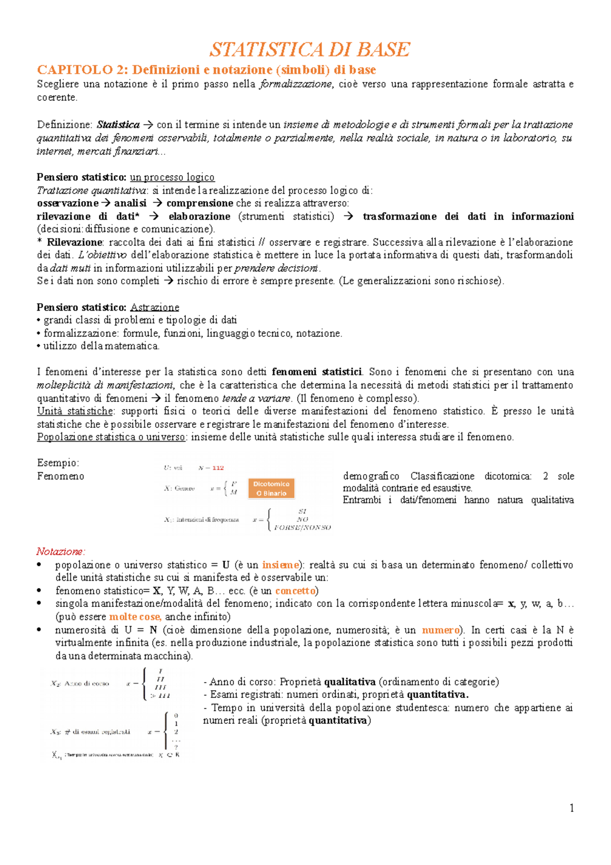 Statistica - STATISTICA DI BASE CAPITOLO 2: Definizioni e notazione (simboli) di base Scegliere ...
