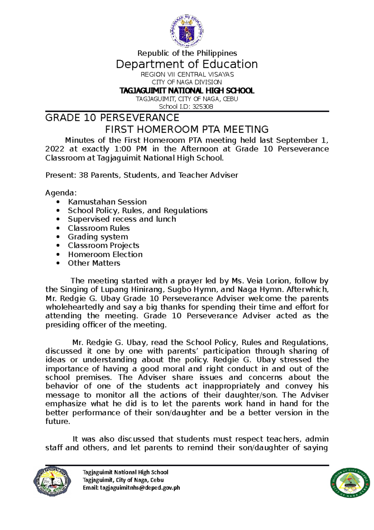 First HPTA - a sample only - Department of Education REGION VII CENTRAL ...