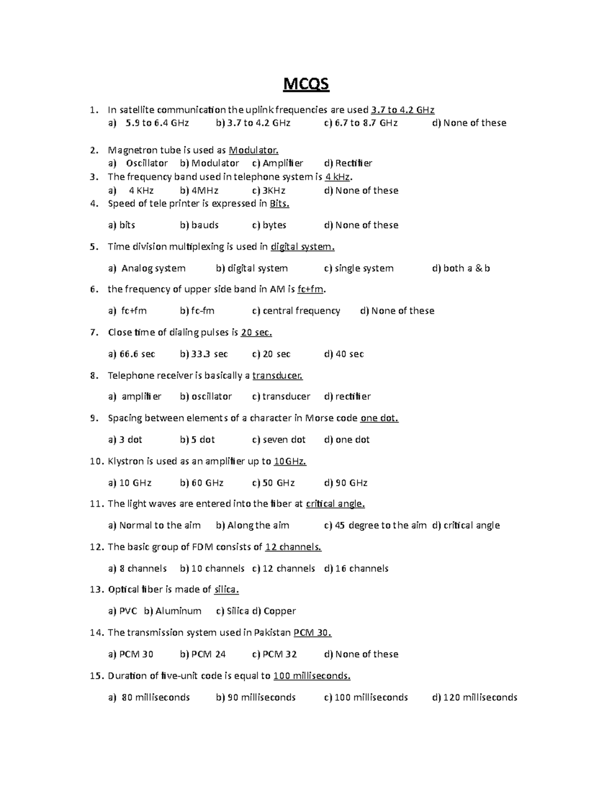 Mcqs+Short questions+long questions 2 - MCQS In satellite communication ...