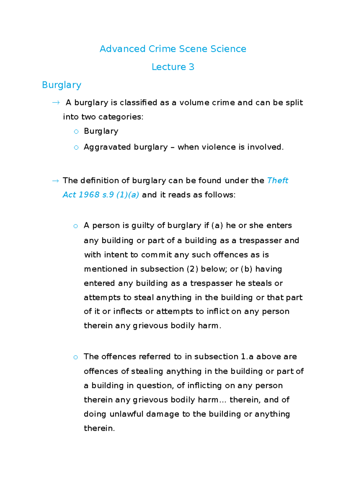 Lecture 2 - Burglary - Advanced Crime Scene Science Lecture 3 Burglary ...