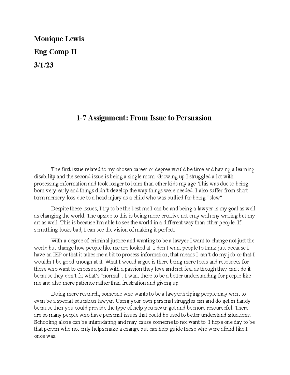 Eng Comp II1 7 Assignment From Issue to Persuasion - Monique Lewis Eng ...