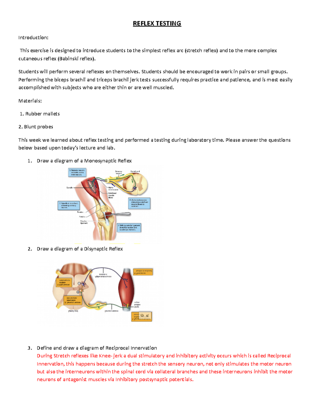 Reflex Testing - Notes - REFLEX TESTING Introduction: This exercise is ...