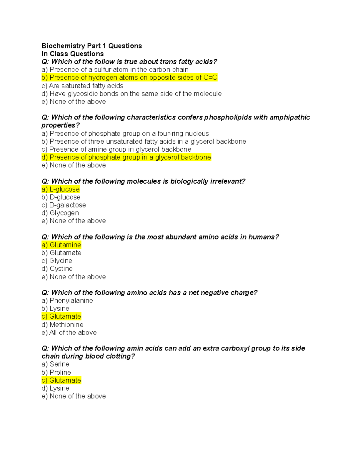 Biochemistry Practice Questions Part 1 - Biochemistry Part 1 Questions ...