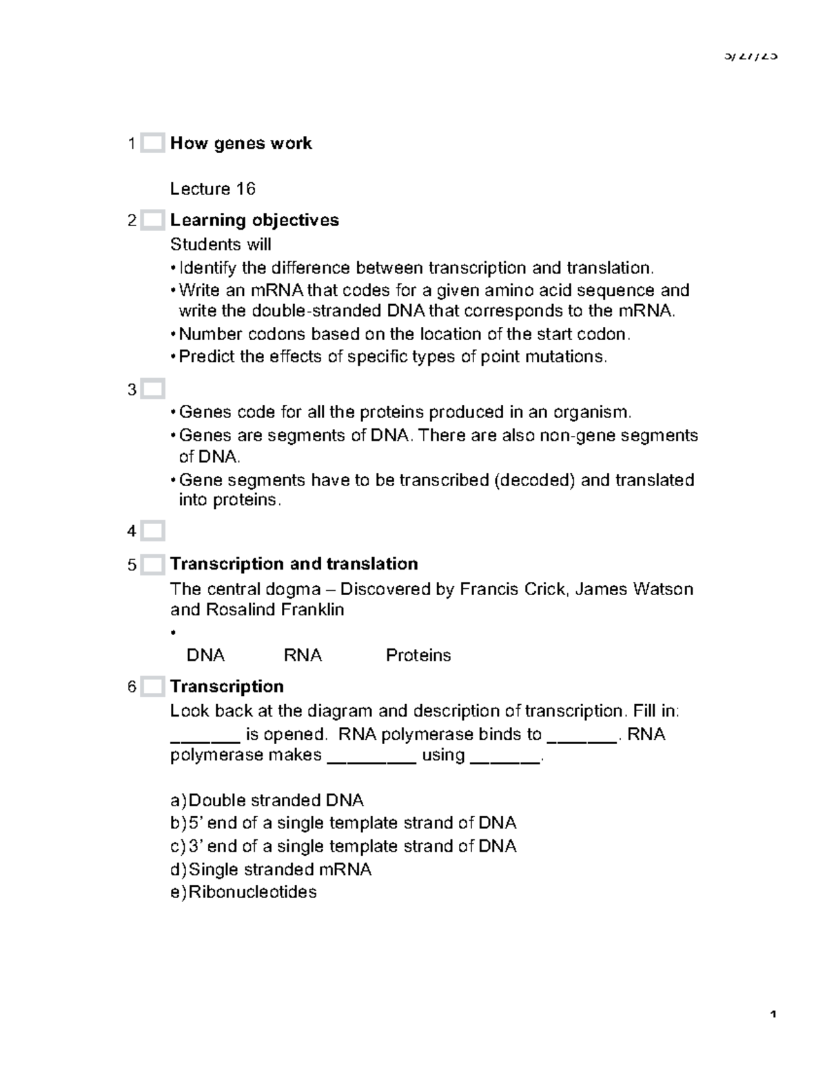 16``1 - How Genes Work Notes - 3/27/ 1 How genes work Lecture 16 ...