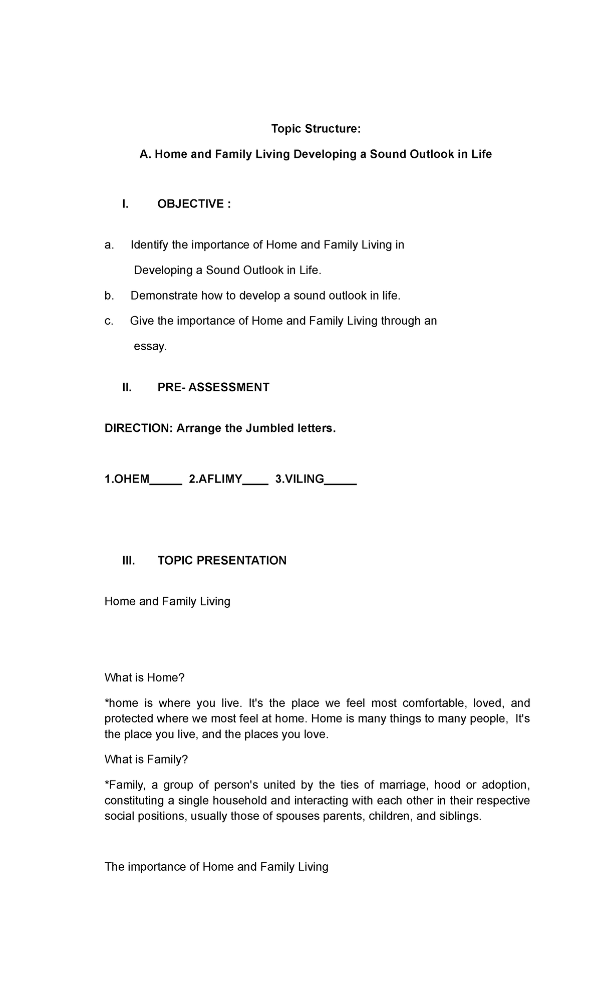 Homeand Family Living-learning-pockets - Topic Structure: A. Home and ...