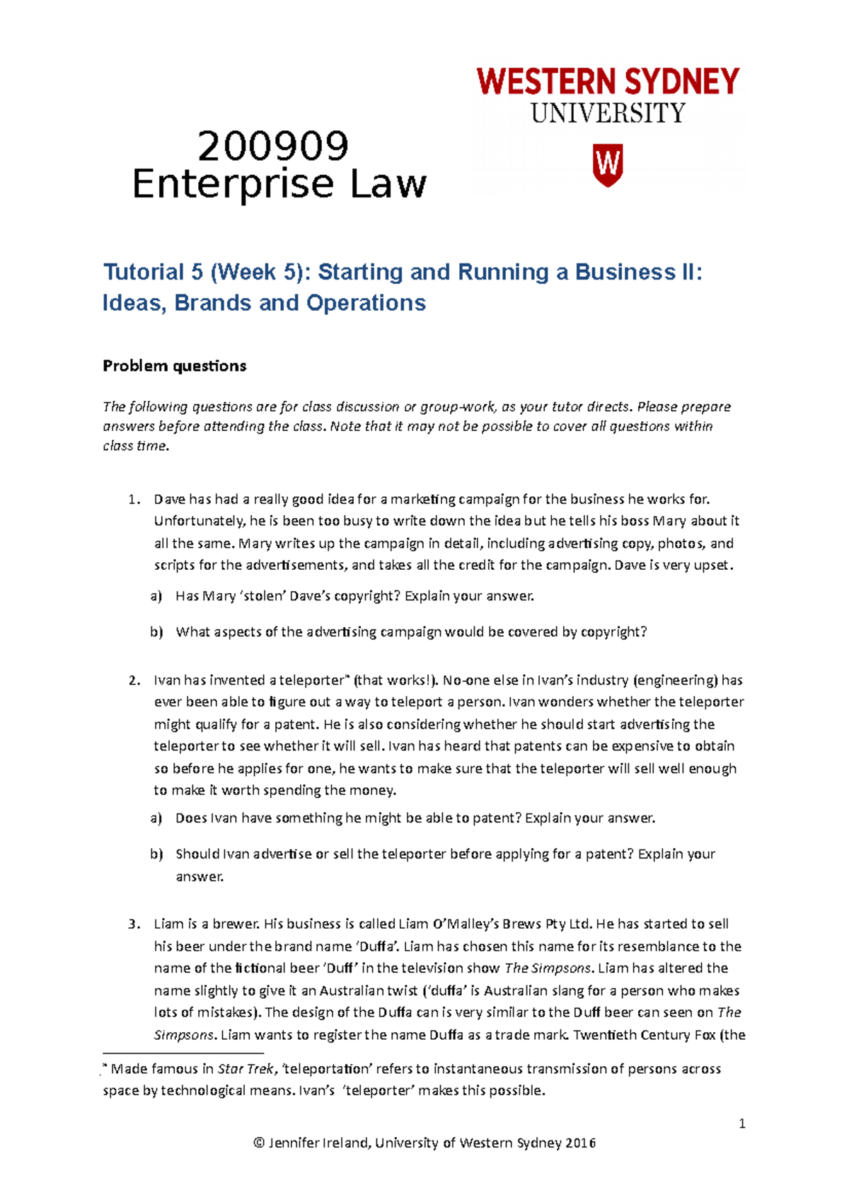 Tutorial Five Ideas Brands and Operations - 200909 Enterprise Law ...