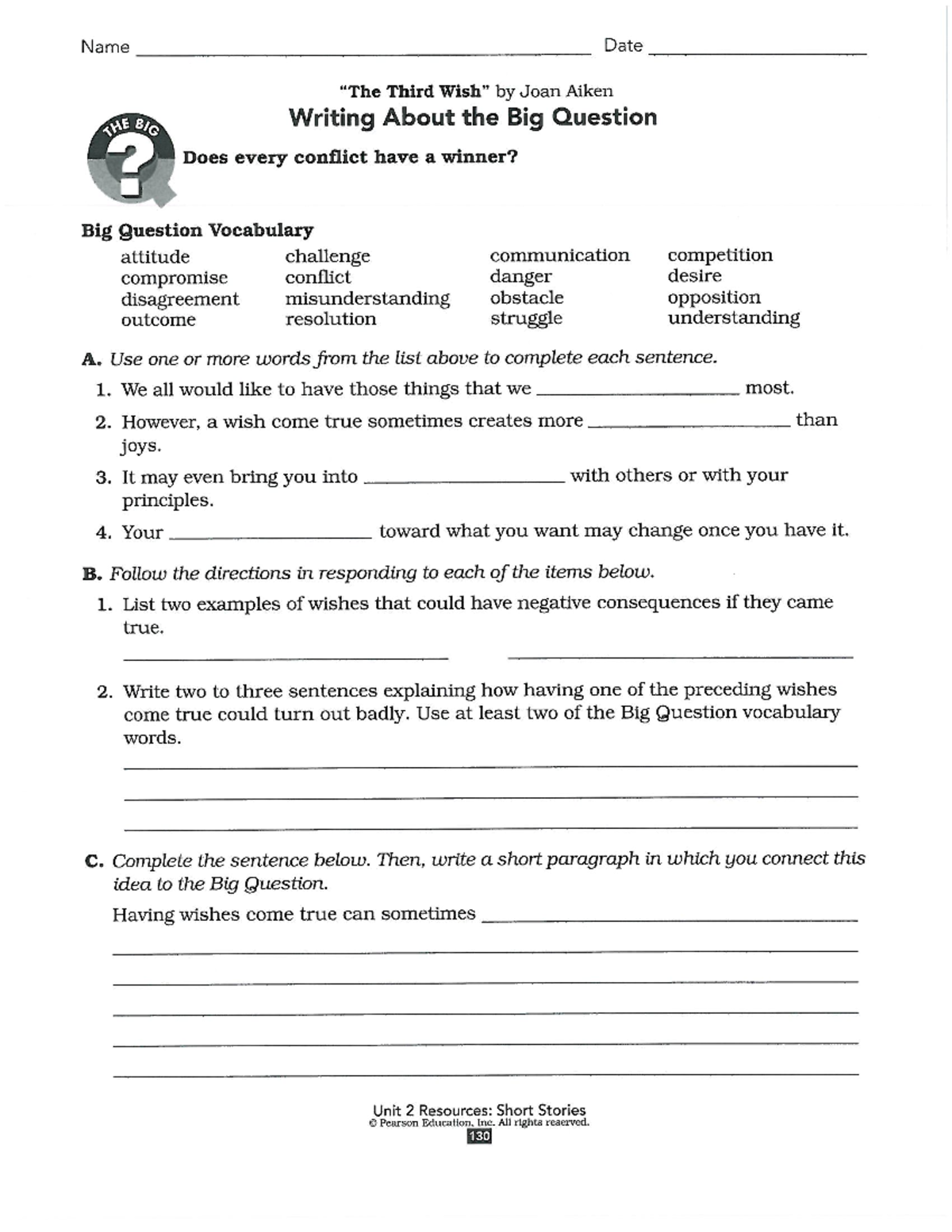 Cameron Green - Third Wish packet - Name Date Third Joan Aiken THE BIG ...